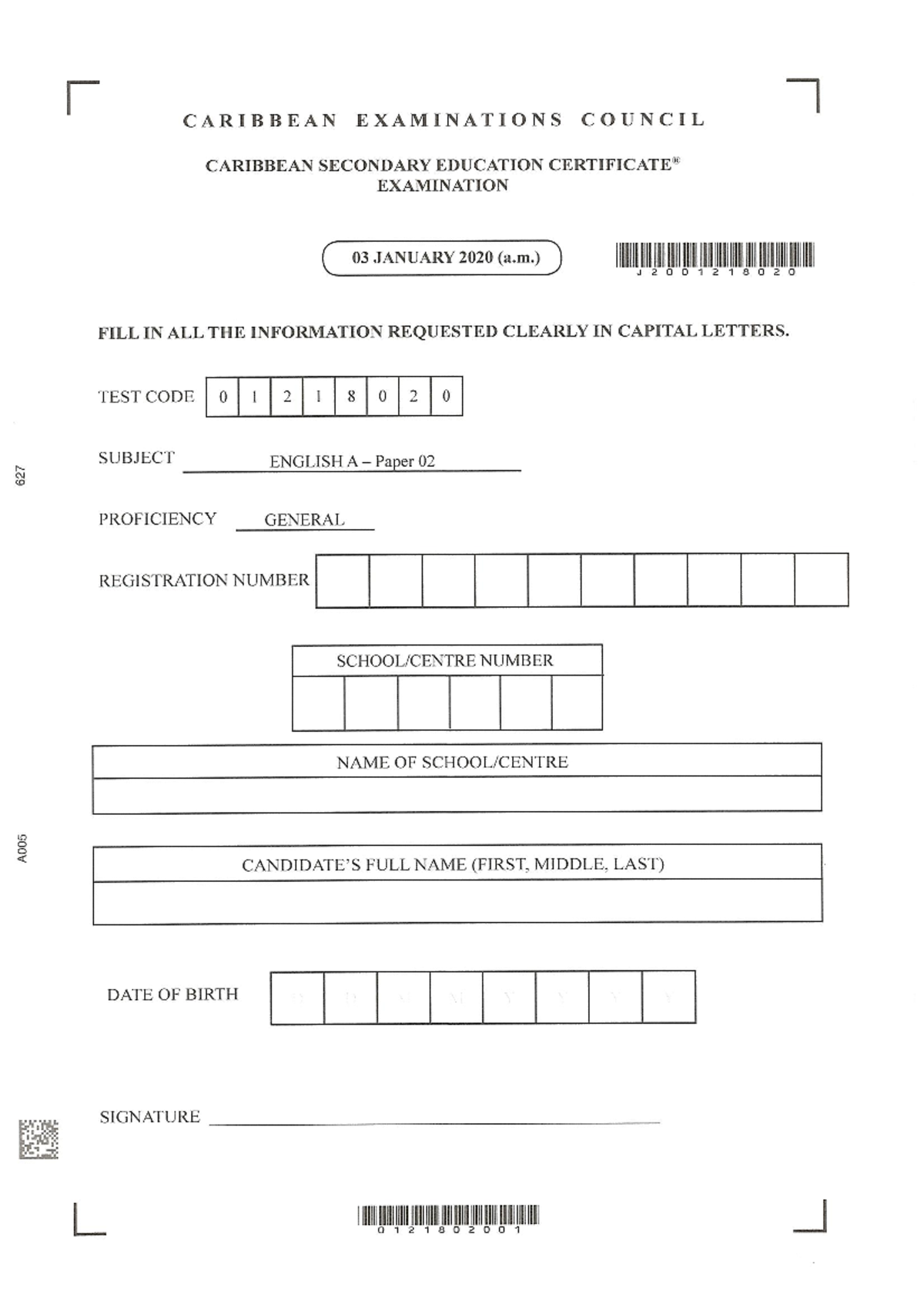 English A Paper 02 JAN 2020 - CARIBBEAN EXAMINATIONS COUNCIL CARIBBEAN ...