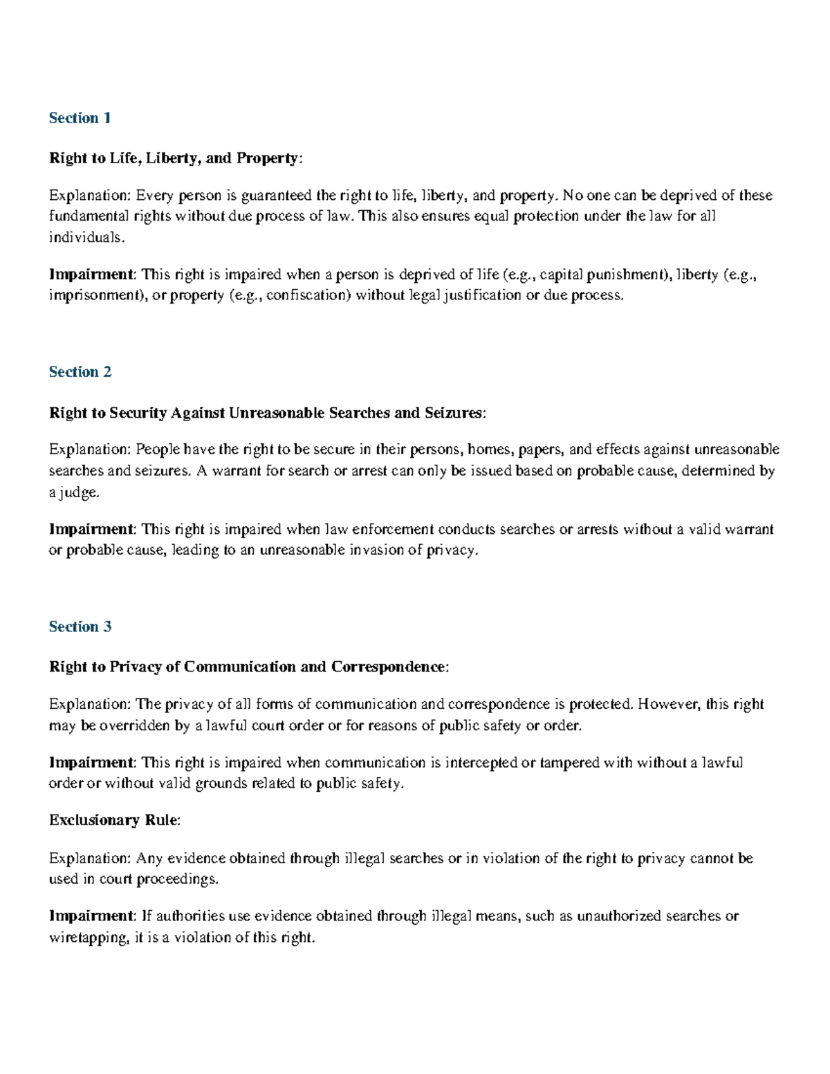 Bill of rights - Section 1 Right to Life, Liberty, and Property ...