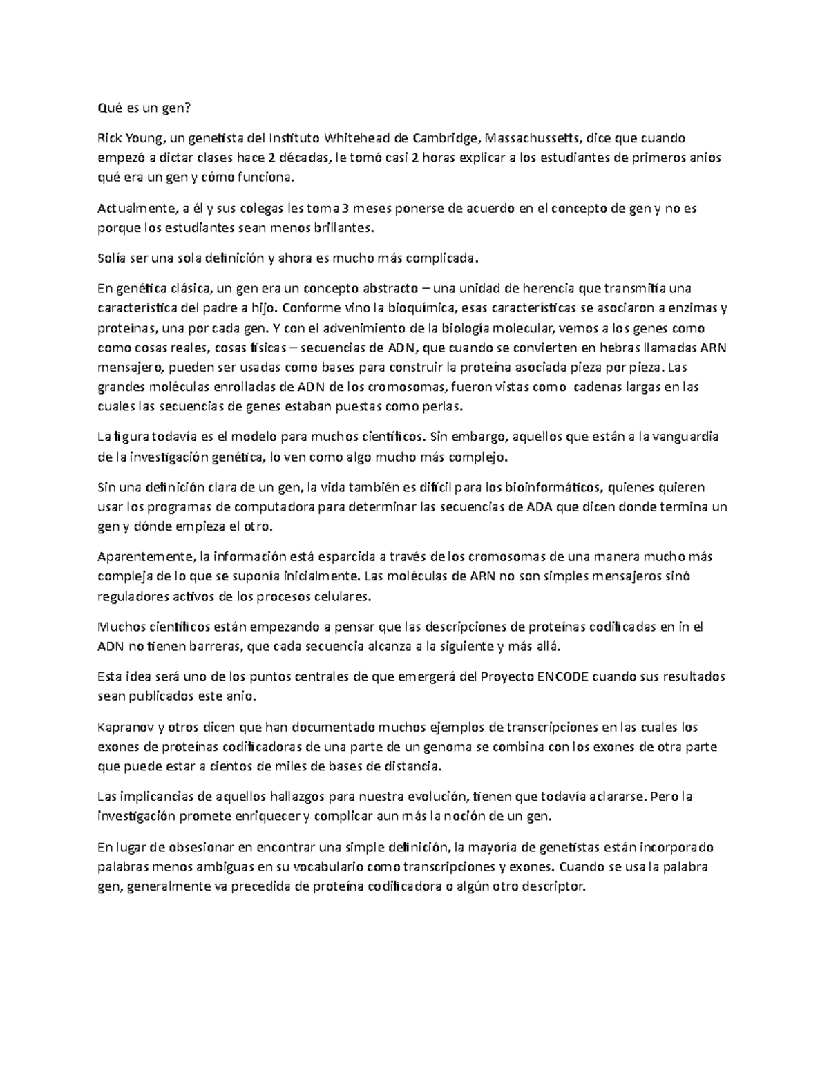 Qué es un gen - RESUMEN DE GENETICA - Qué es un gen? Rick Young, un ...