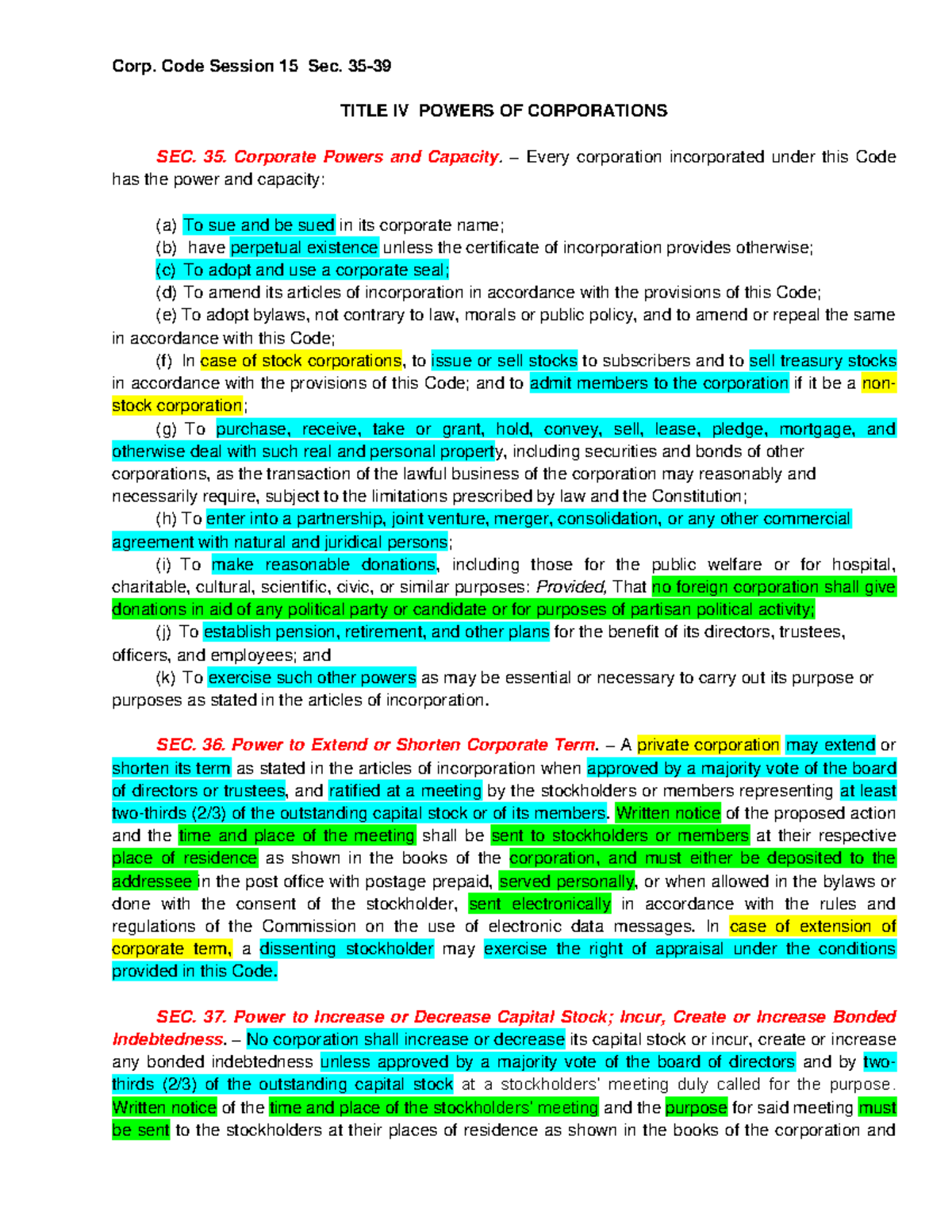 Corp. Code Session 15 Sec. 35 39 Powers of Corp - Corp. Code Session 15 ...