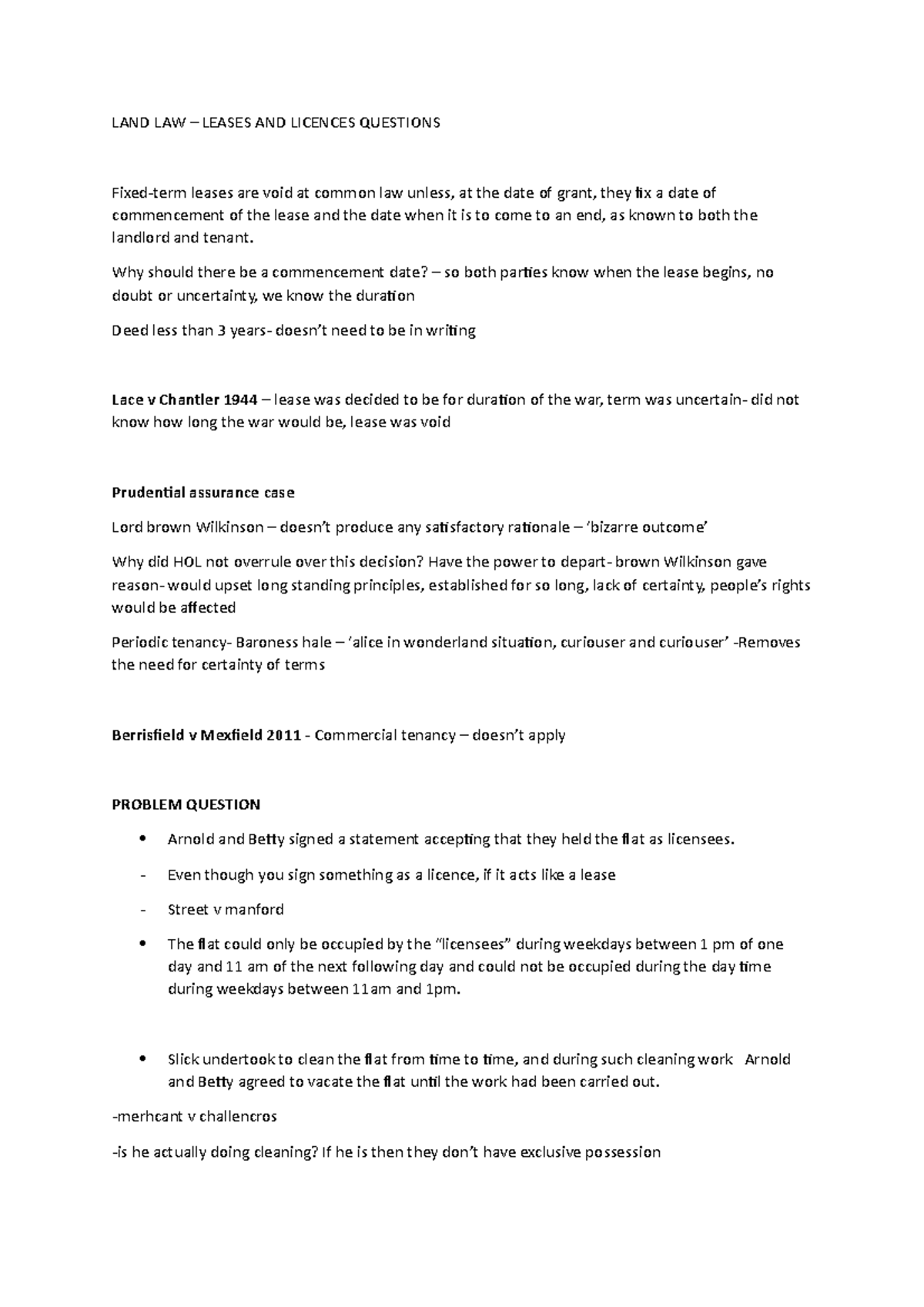 LAND LAW - leases questions - LAND LAW – LEASES AND LICENCES QUESTIONS ...
