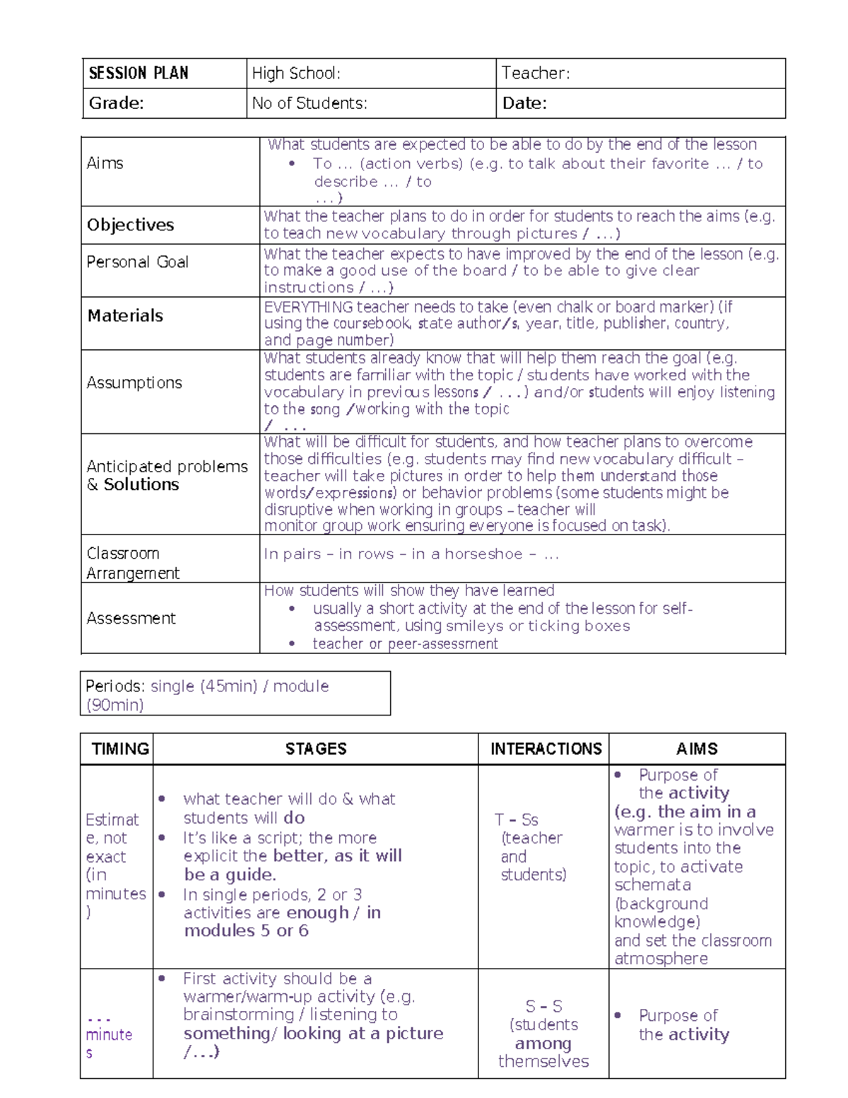 2021-Less Plan Template(blank with guidance) - SESSION PLAN High School ...