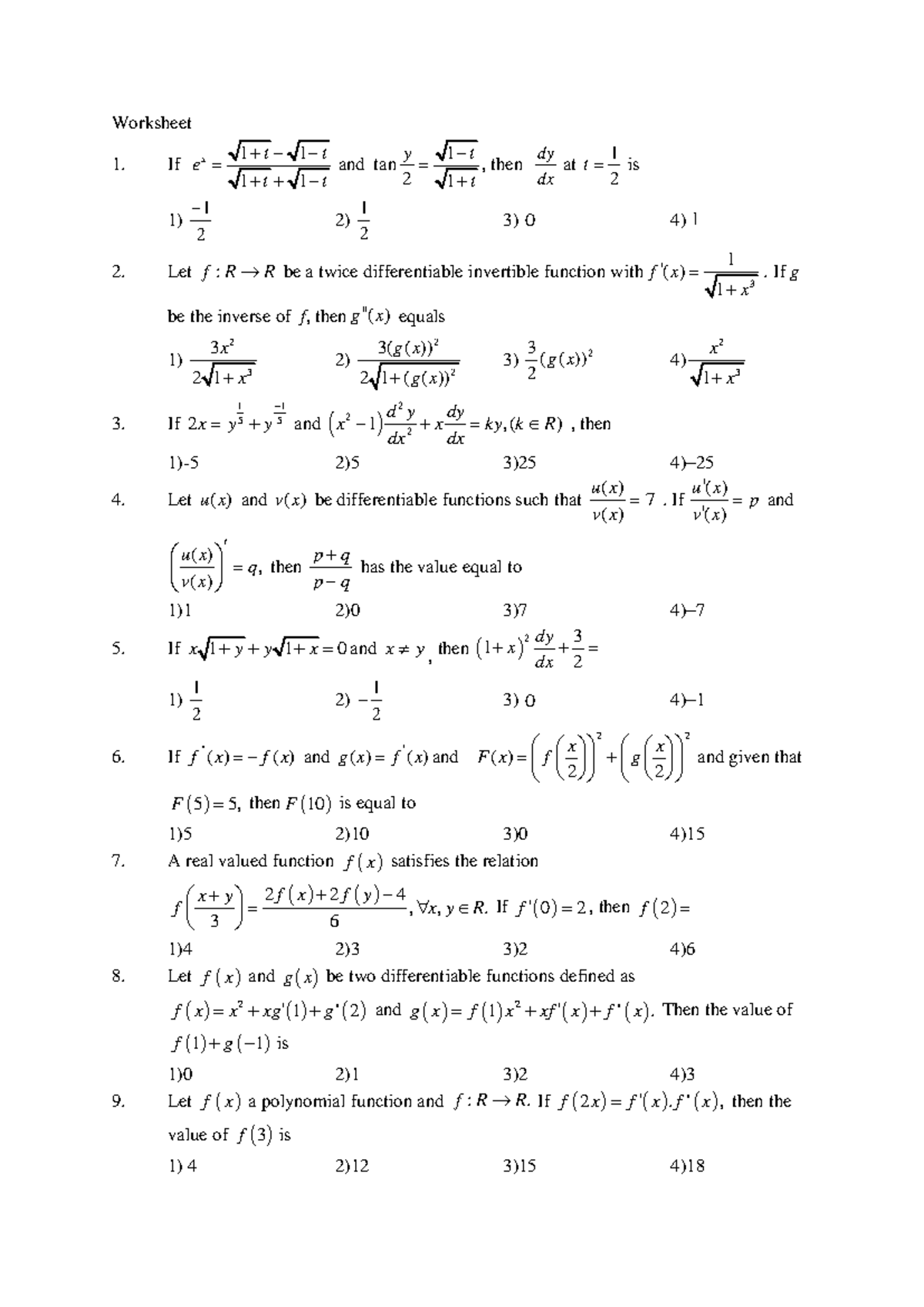 Differentiation - Worksheet If 1 1 1 1 x t t e t t and tan 2 y 1 1 t t ...