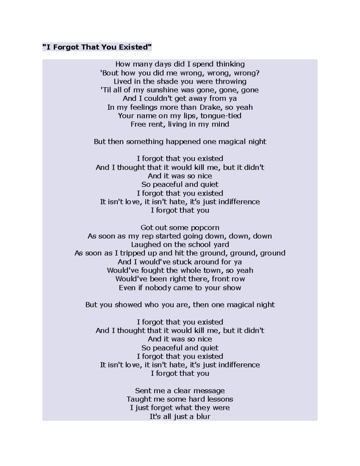I Forgot That You Existed - "I Forgot That You Existed" How many days ...