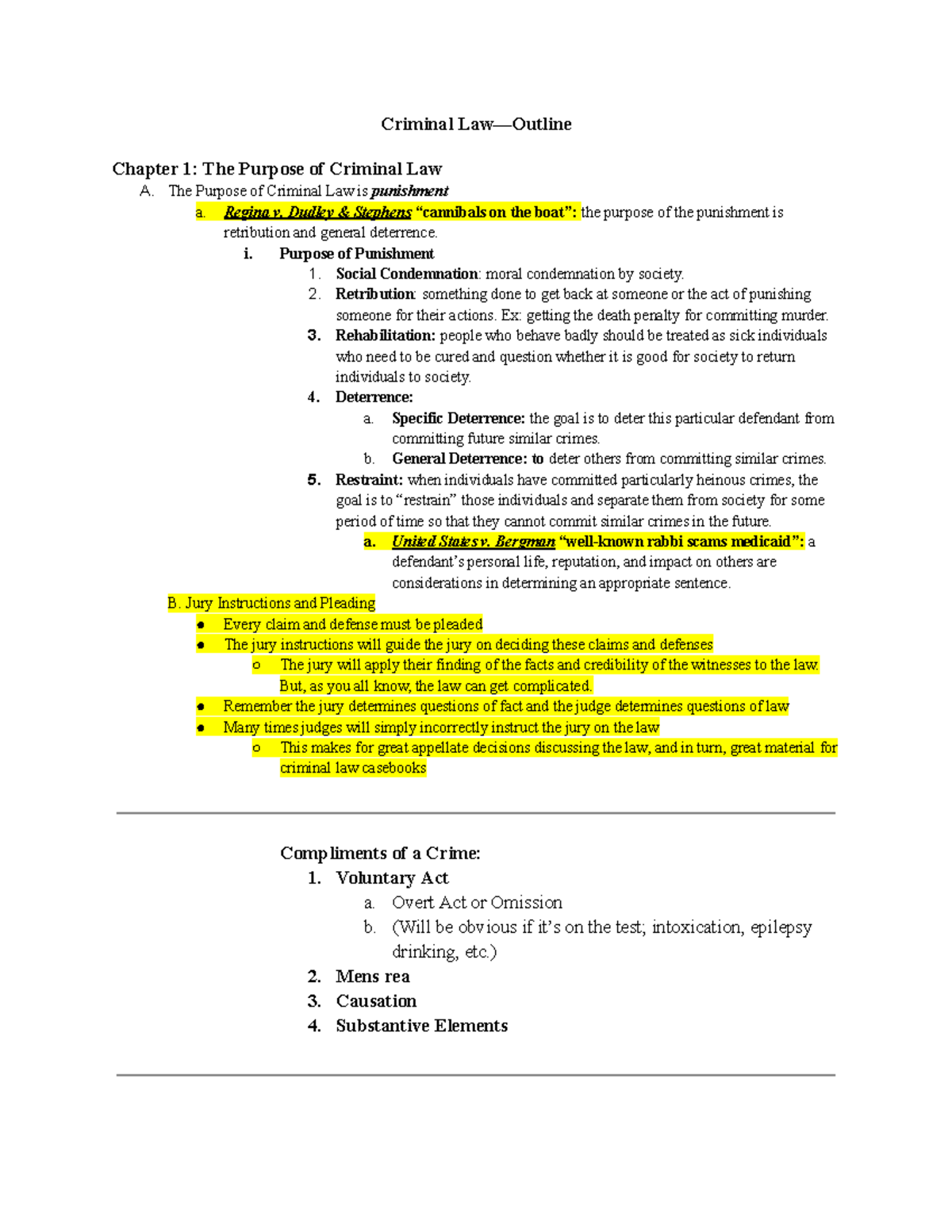 Criminal Law Outline - Criminal Law—Outline Chapter 1: The Purpose of ...