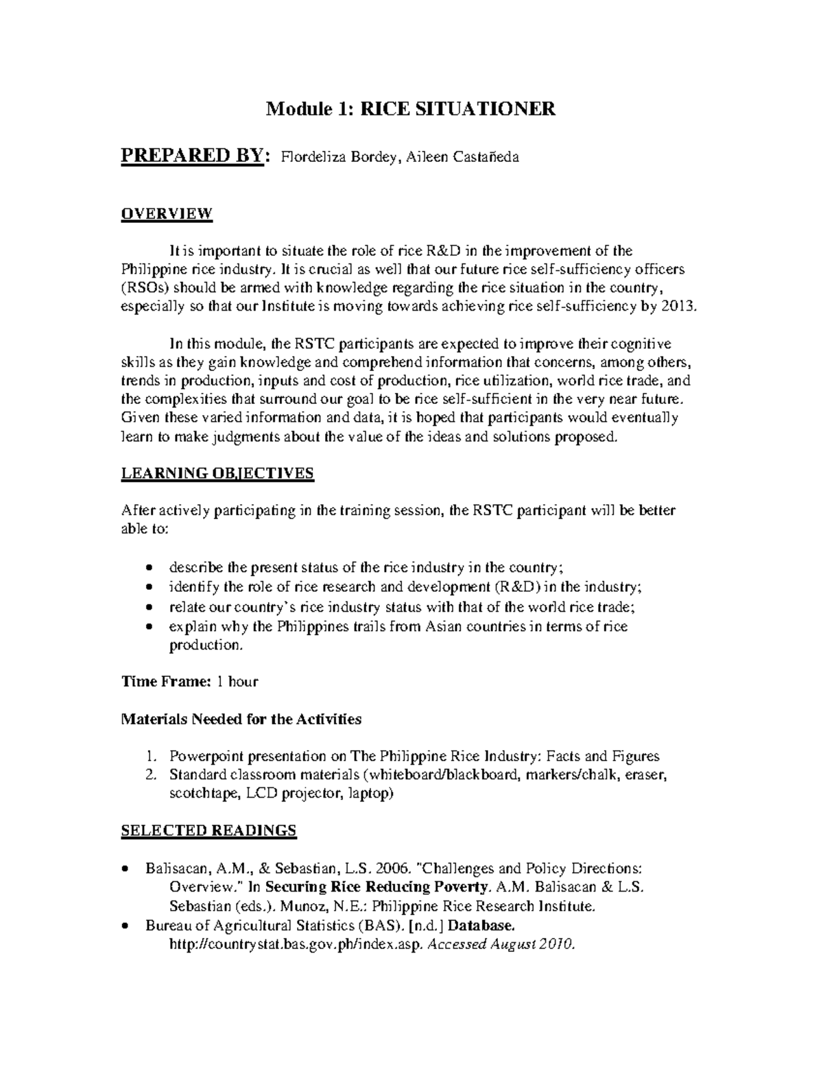 Module 1 Rice Situationer - ####### Module 1: RICE SITUATIONER ...