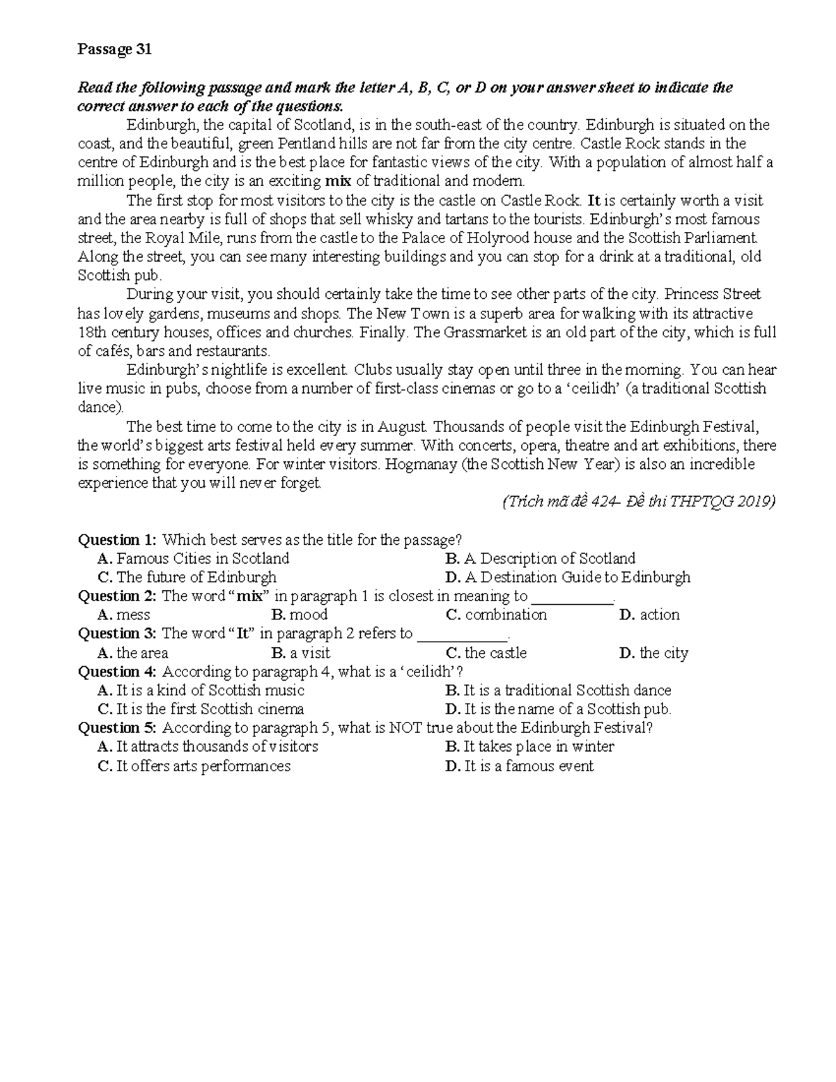 Passage 31 - Passage 31 Read the following passage and mark the letter ...