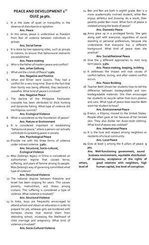 Peace AND Development 1ST QUIZ - PEACE AND DEVELOPMENT 1ST QUIZ 30 pts ...