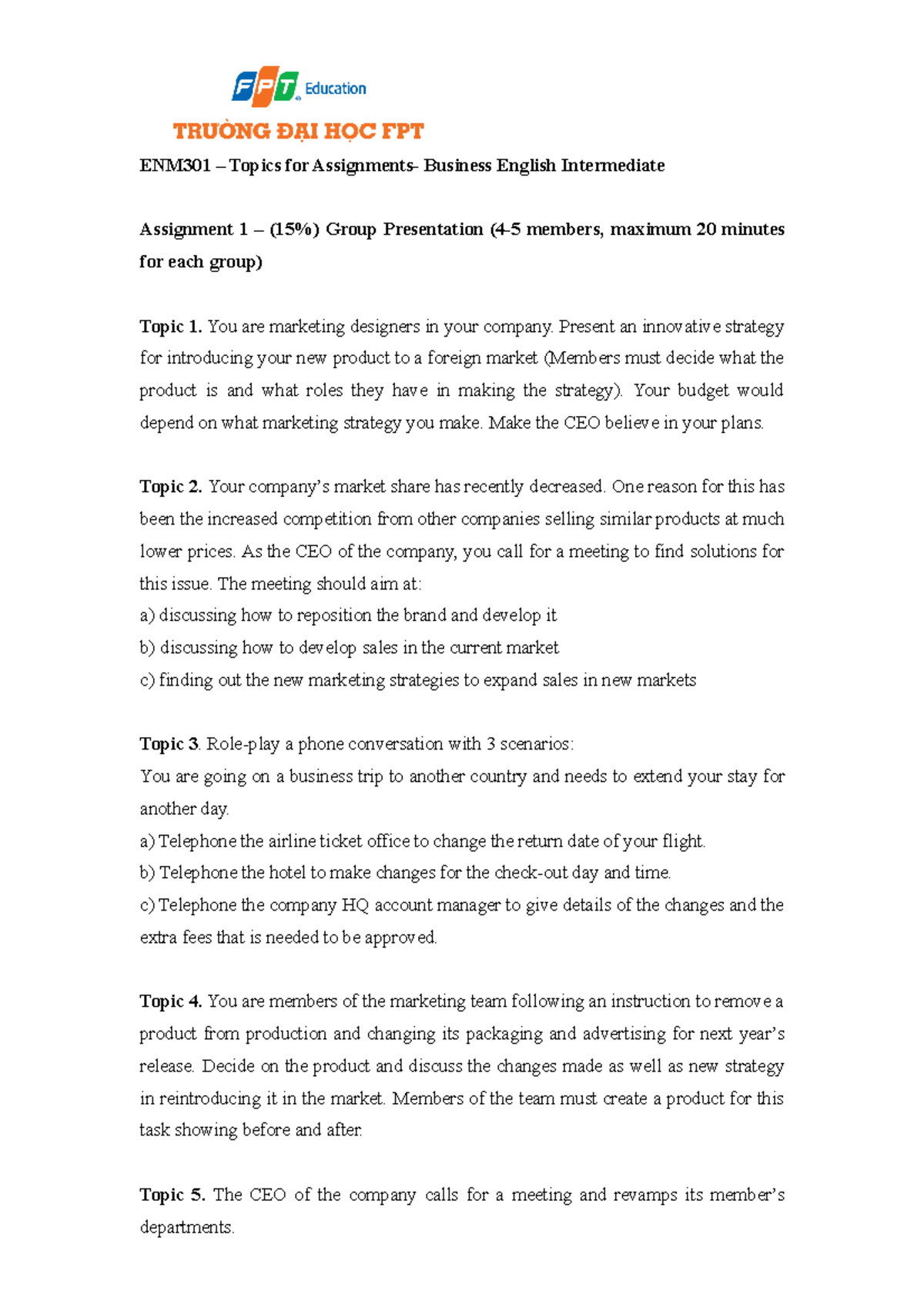 ENM 301 Topics for Assignments - ENM301 – Topics for Assignments ...