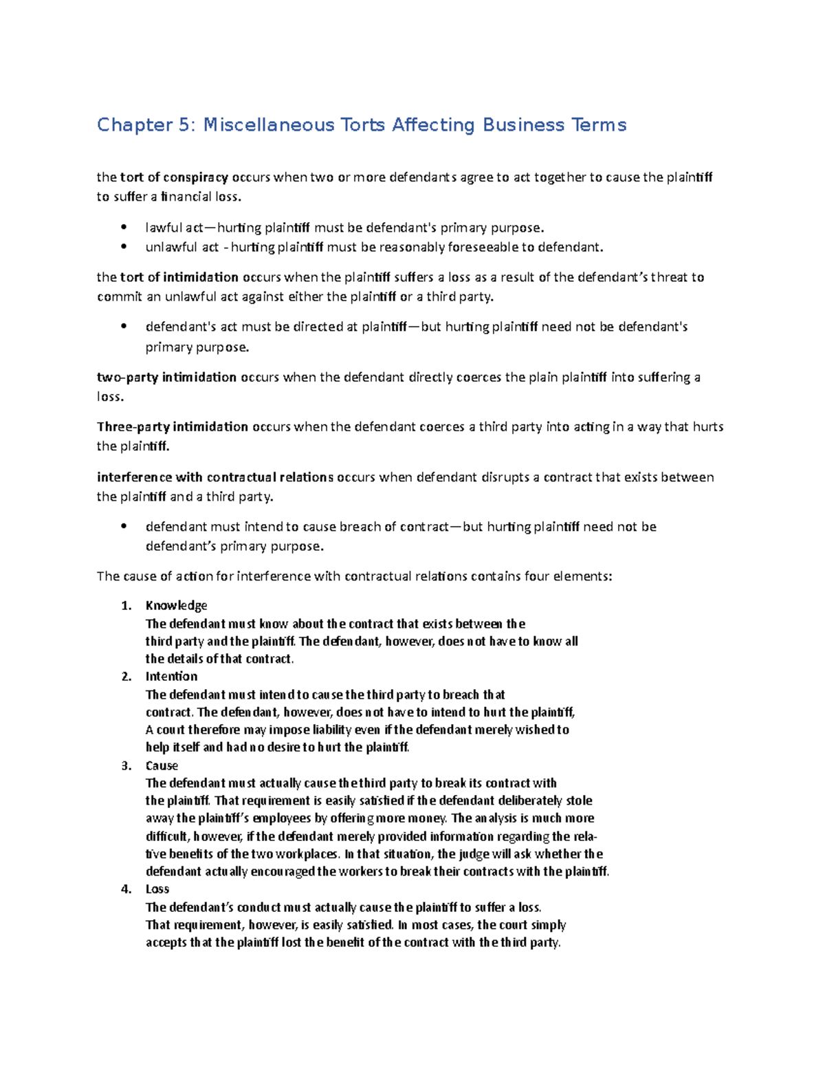 Chapter 5 terms - Chapter 5: Miscellaneous Torts Affecting Business ...