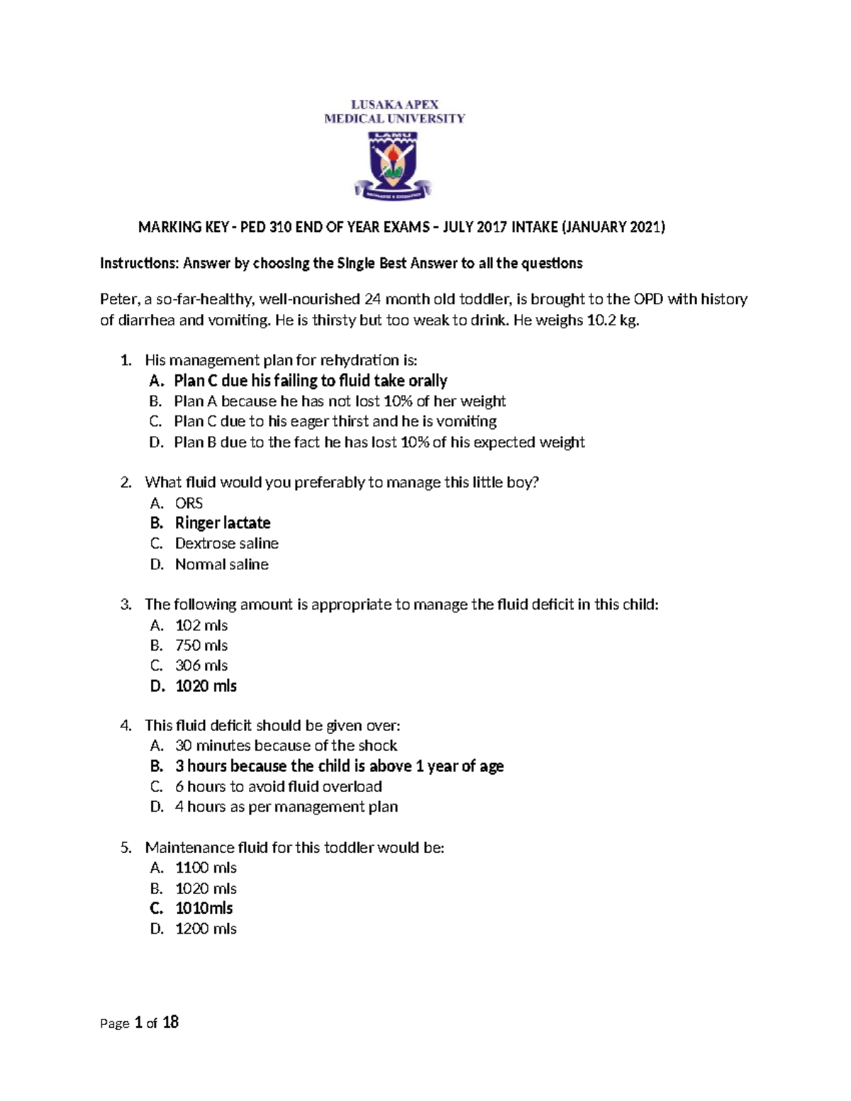 Marking KEY PED 310 MCQs END OF YEAR Exams 2021 draft - MARKING KEY ...