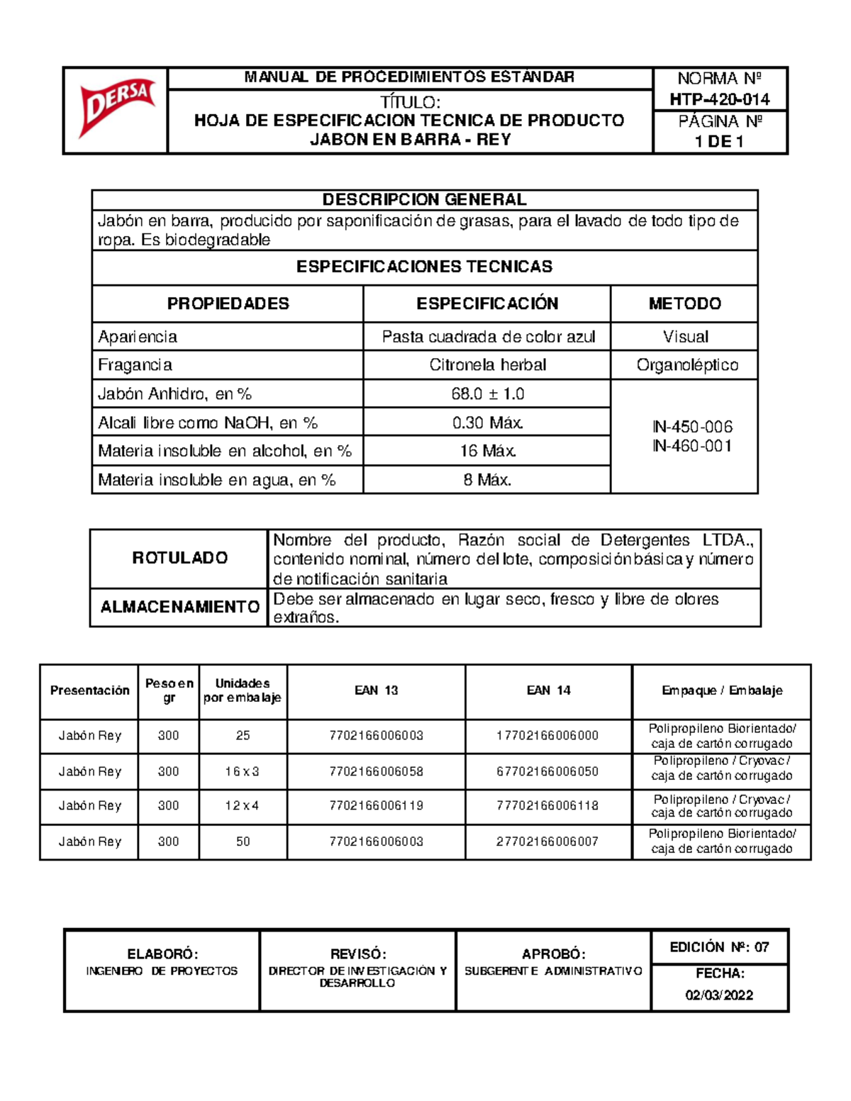 FT Jabon REY - MANUAL DE PROCEDIMIENTOS ESTÁNDAR NORMA Nº TÍTULO: HOJA DE ESPECIFICACION TECNICA ...