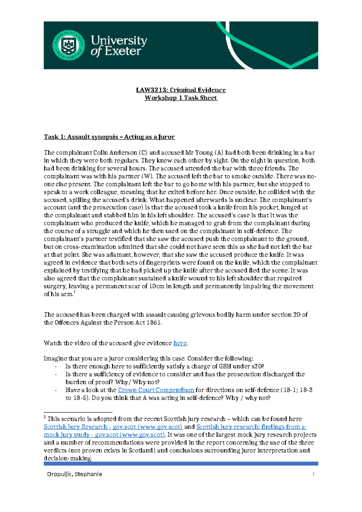 Workshop 1 (Student Task Sheet) - LAW3213: Criminal Evidence Workshop 1 Task Sheet Task 1 ...