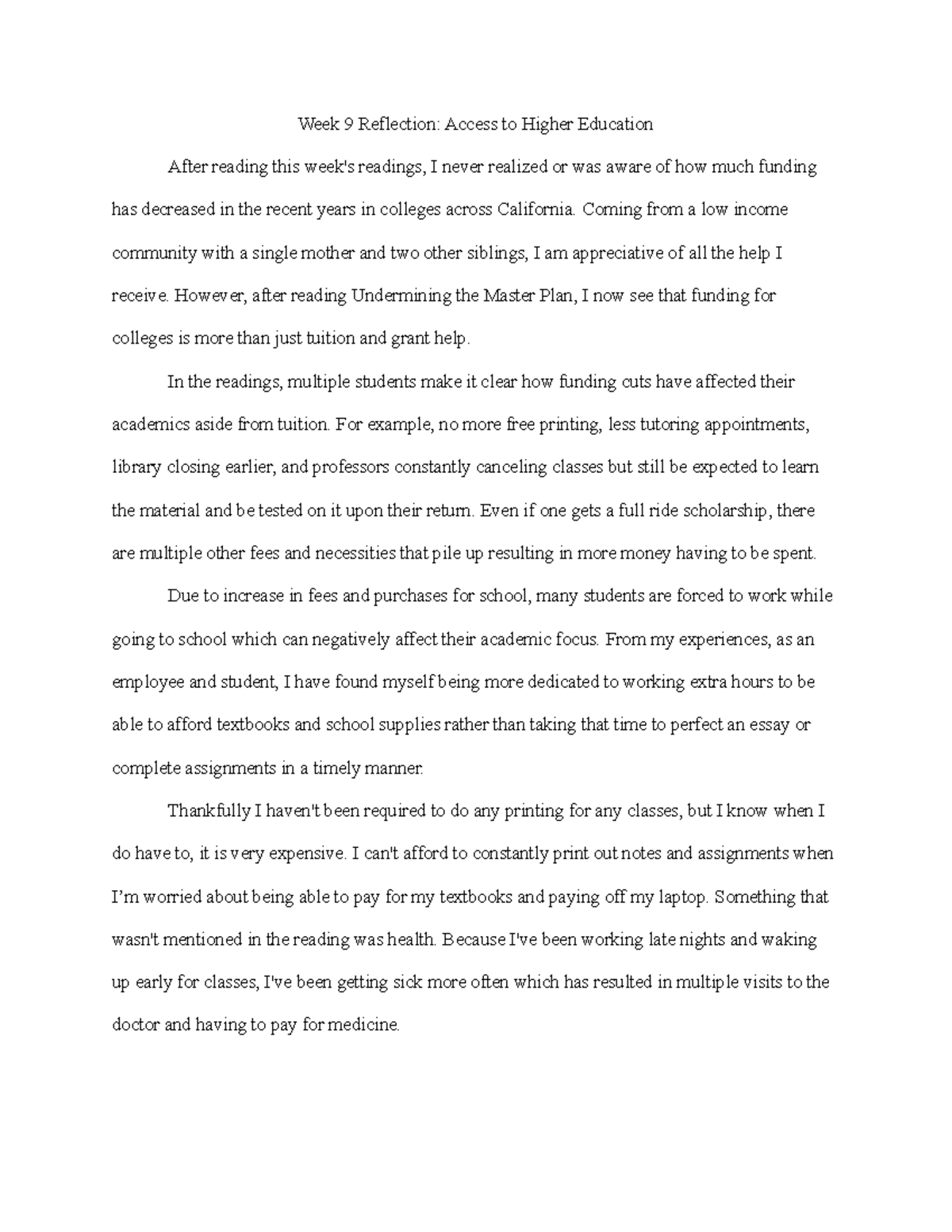 Week 9 Reflection Access to Higher Education - Week 9 Reflection ...