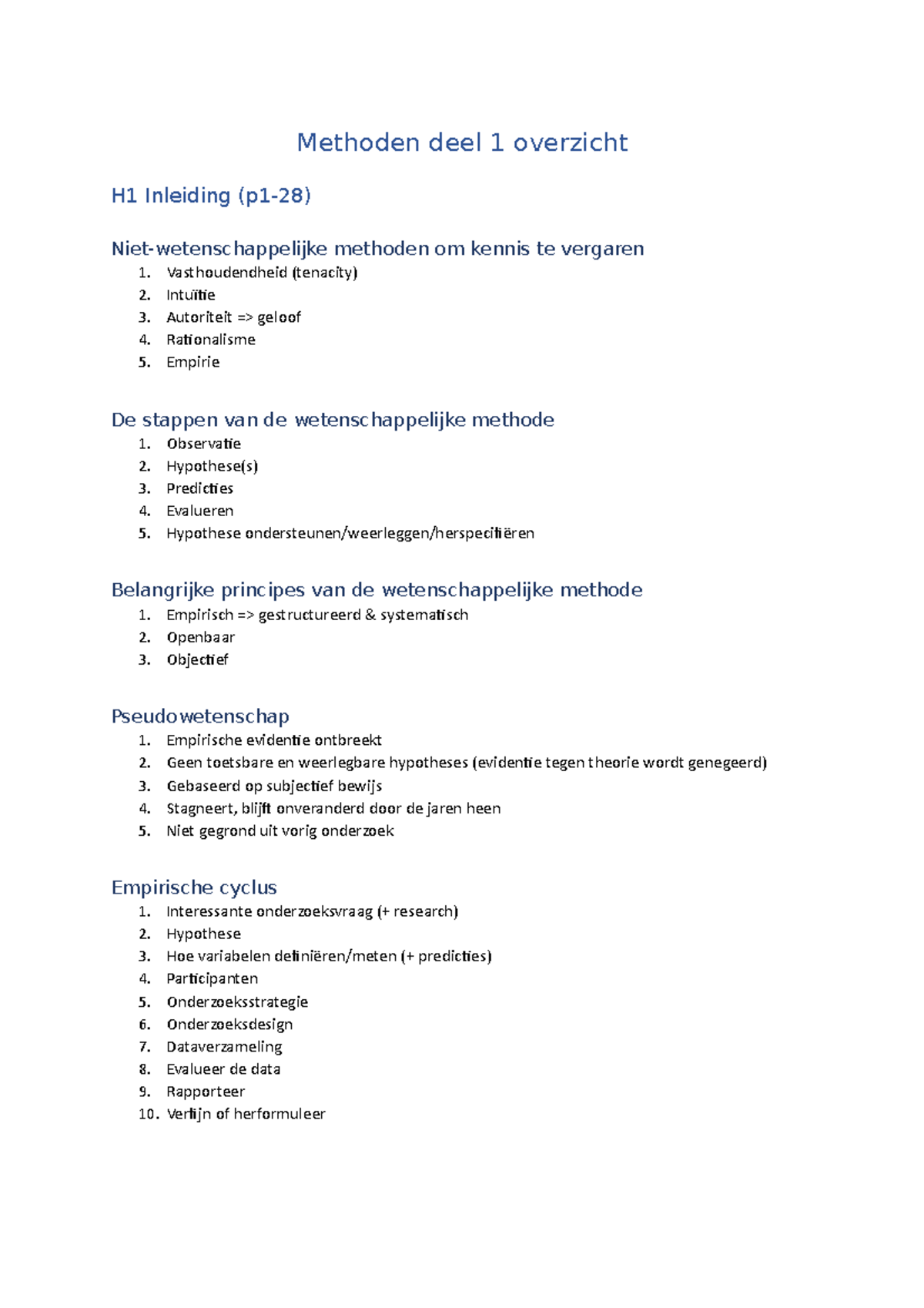 Methoden overzicht - Methoden deel 1 overzicht H1 Inleiding (p1-28 ...