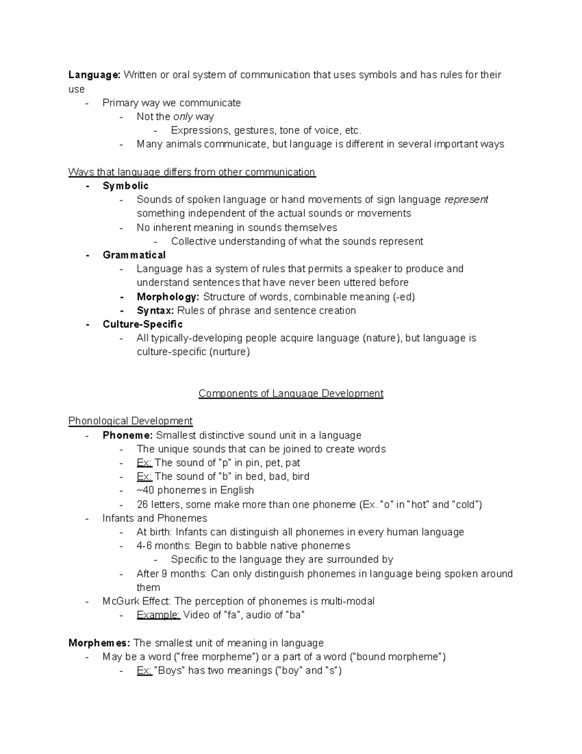 PSY 2301 - Language Notes - Language: Written or oral system of ...