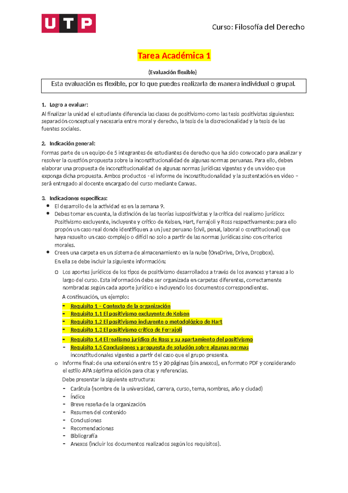 🔴 (AC-S09) Semana 09 - Tema 01 Tarea Tarea académica 1 - Filosofia DEL Derecho terminado (NOTA ...