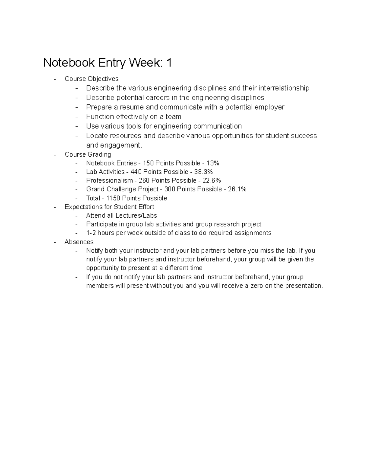 Notebook Entry Week 1 Course Grading Notebook Entries 150 Points Possible 13 Lab