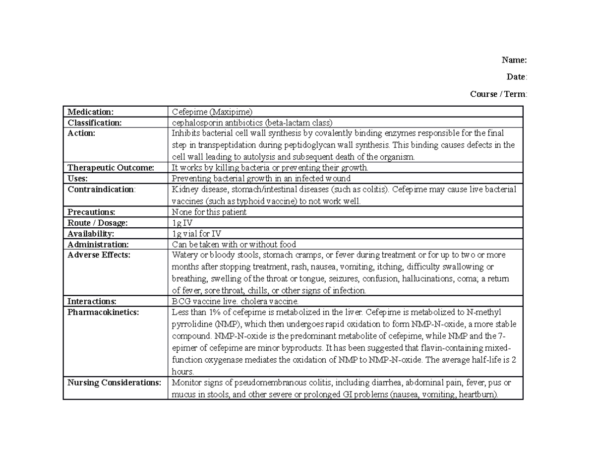 Cefepime - Medication card - Name: Date : Course / Term : Medication ...