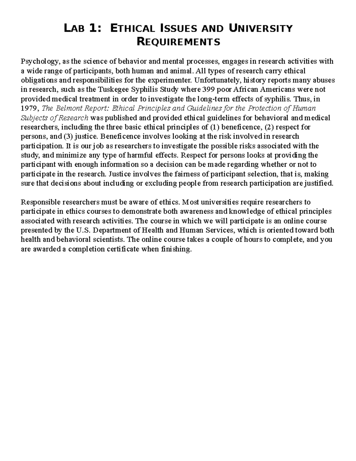 Lab1 Pretest - LAB 1: ETHICAL ISSUES AND UNIVERSITY REQUIREMENTS ...