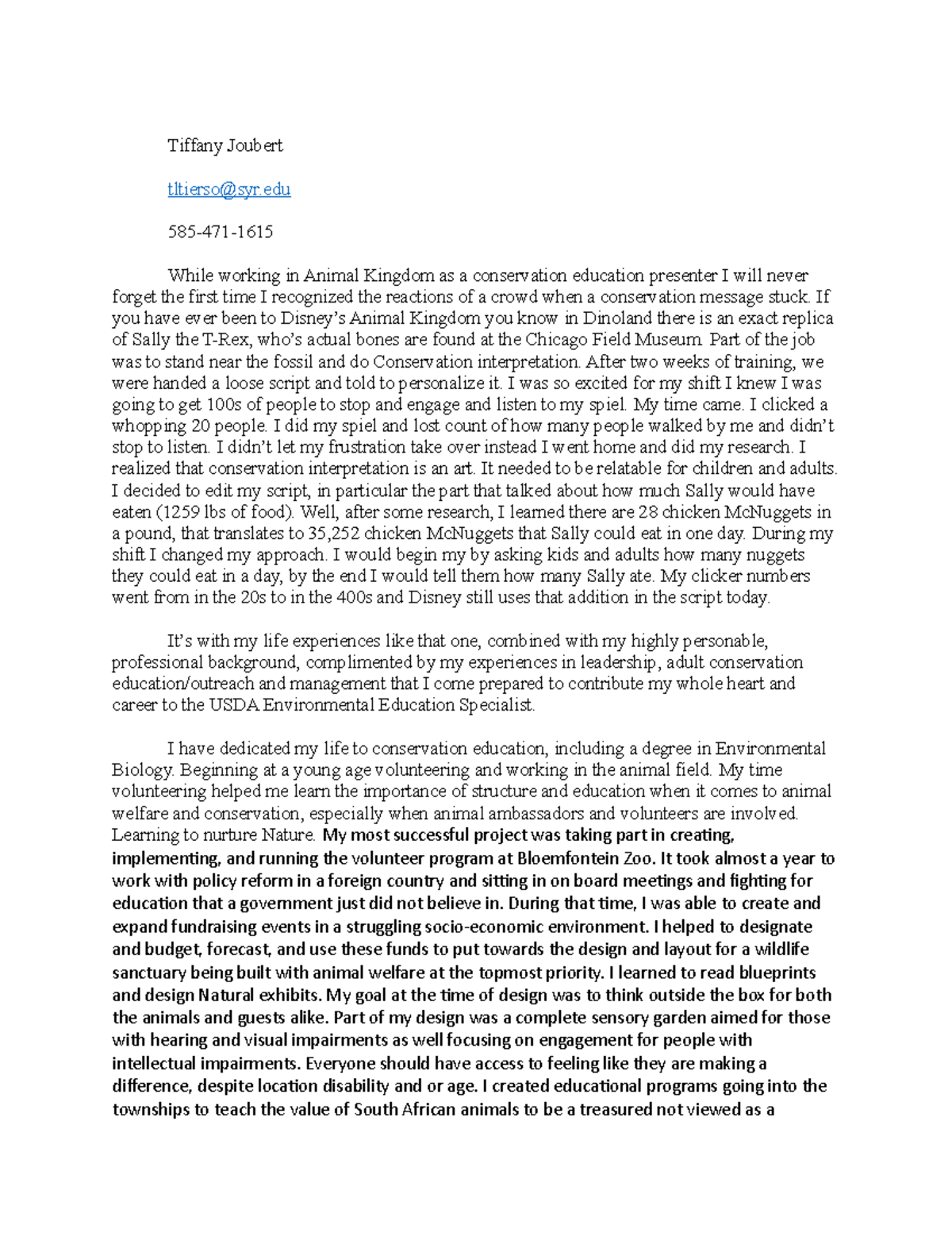 Conservation education cover letter - Tiffany Joubert tltierso@syr 585 ...