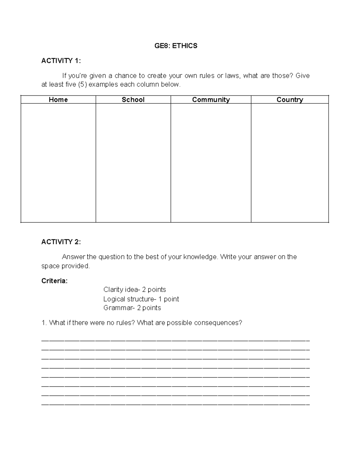 GE8-Activity - GE8: ETHICS ACTIVITY 1: If you’re given a chance to ...