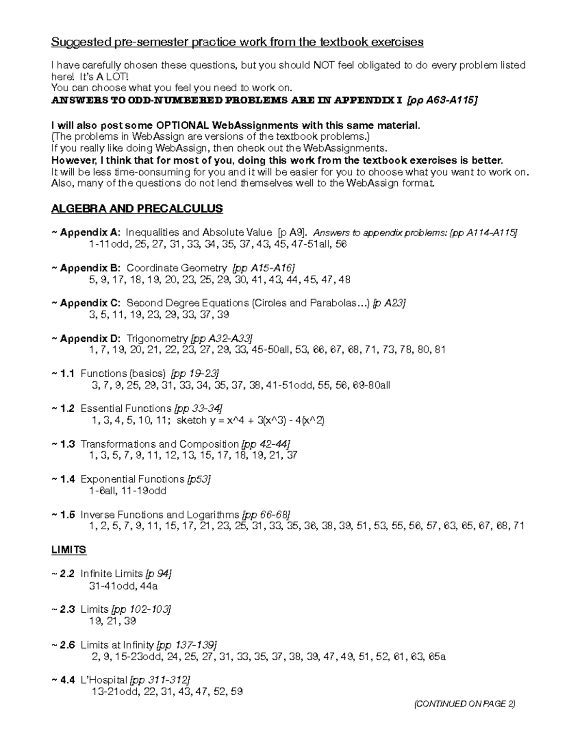 Pre-semester Practice -Textbook Exercises - Suggested pre-semester ...