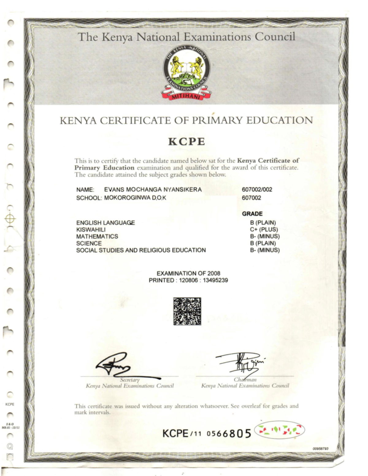 KCPE certificate- Evans - The Kenya National Examinations Council KENYA ...