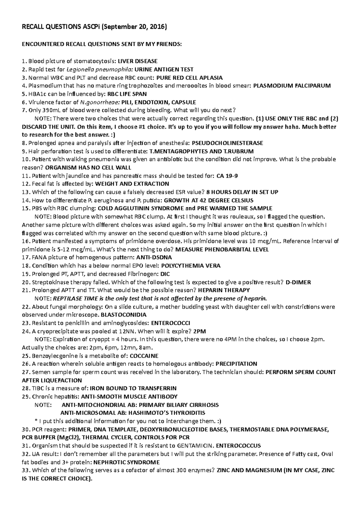 Recall Questions ASCPi Aaron - RECALL QUESTIONS ASCPi (September 20 ...