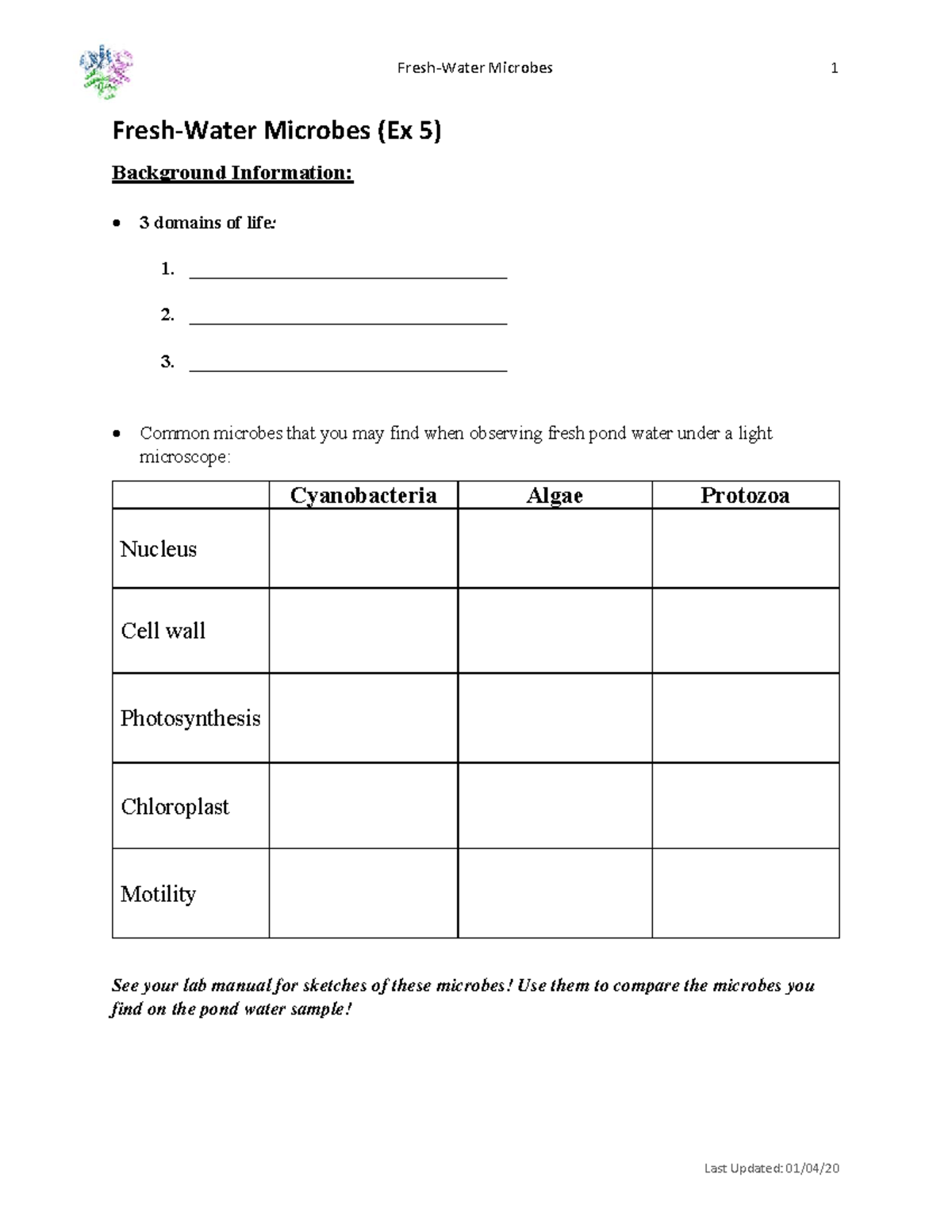 3 - Fresh Water Microbes - Fresh‐Water Microbes 1 Last Updated: 01/04 ...