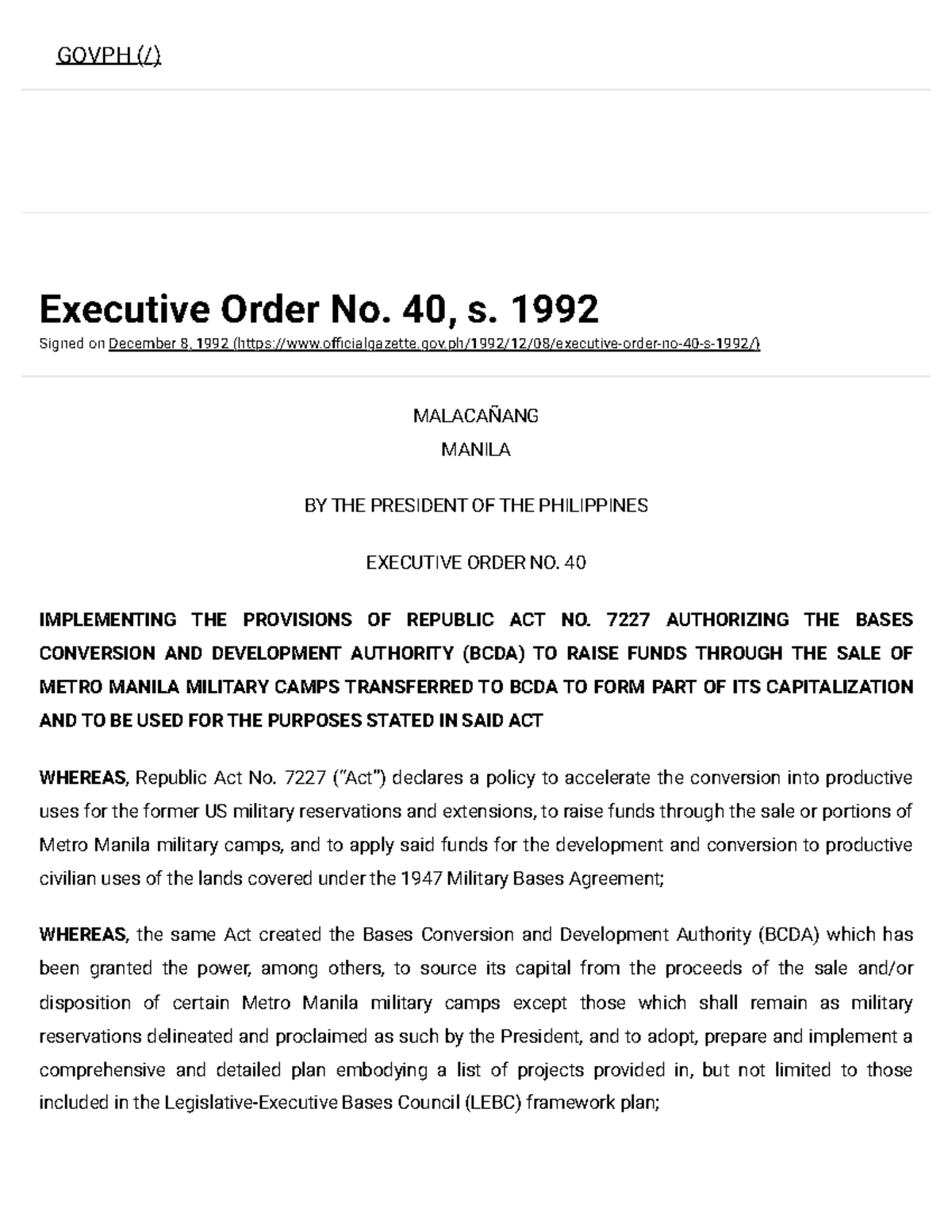 Executive Order No. 40, s. 1992 Official Gazette of the Republic of the ...