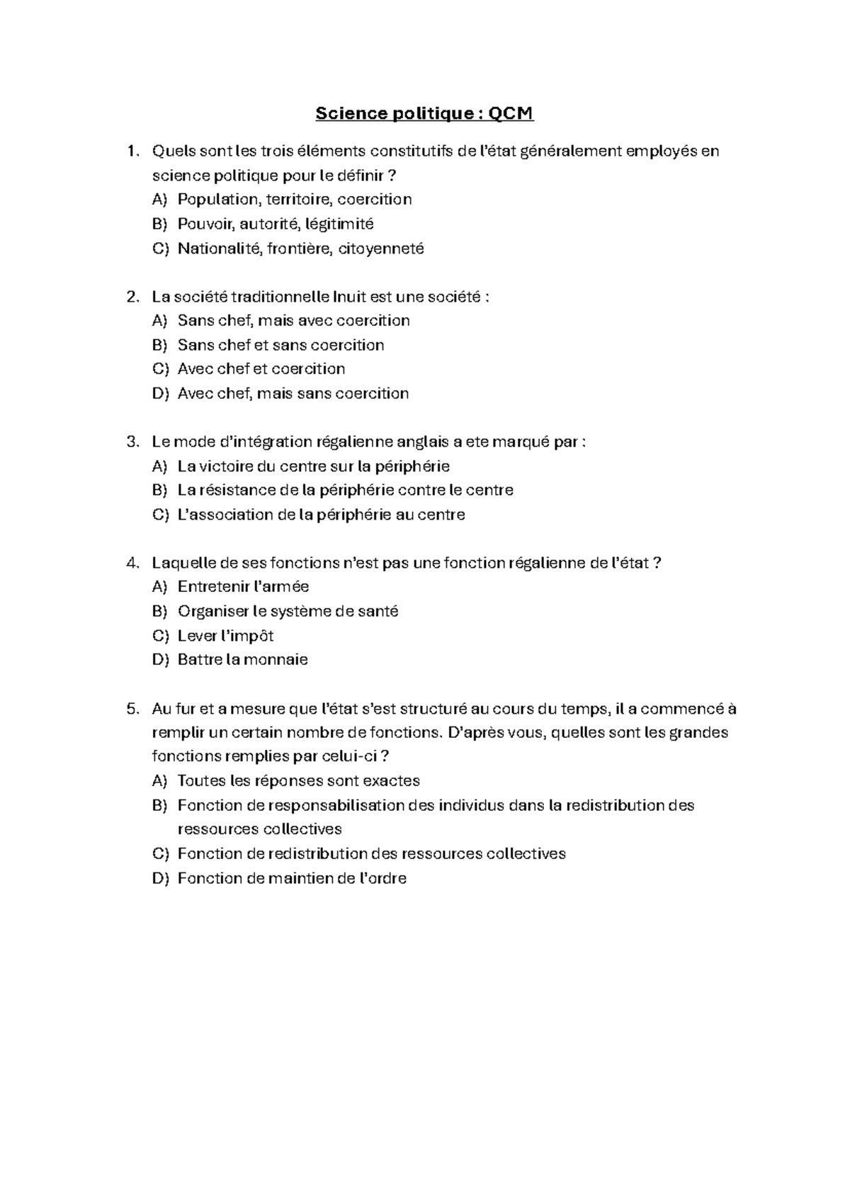 QCM science politique - P’tit QCM qui résume les vidéos du cours ...