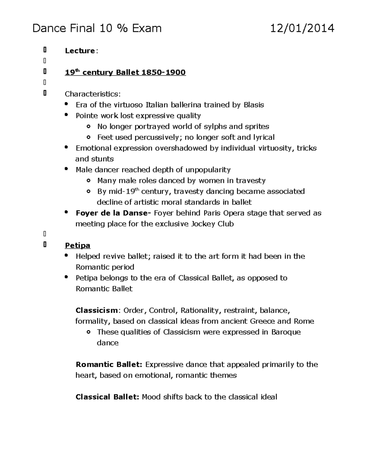 Summary - lecture - 10% final study guide - Dance Final 10 Exam Lecture ...