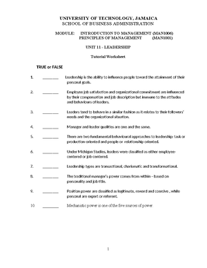 ITM UNIT 1 Tutorial Sheet - UNIVERSITY OF TECHNOLOGY, JAMAICA SCHOOL OF BUSINESS ADMINISTRATION ...