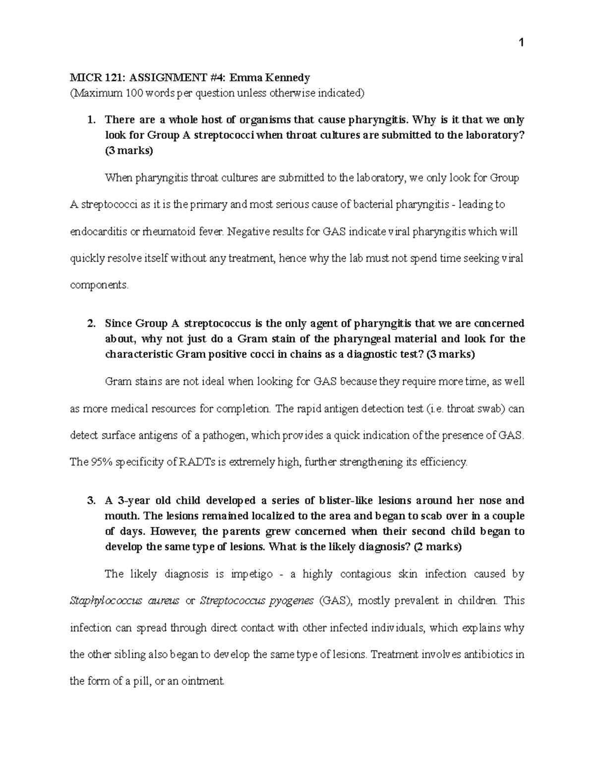 MICR 121 - Assignment #4 - MICR 121: ASSIGNMENT #4: Emma Kennedy (Maximum 100 words per question ...