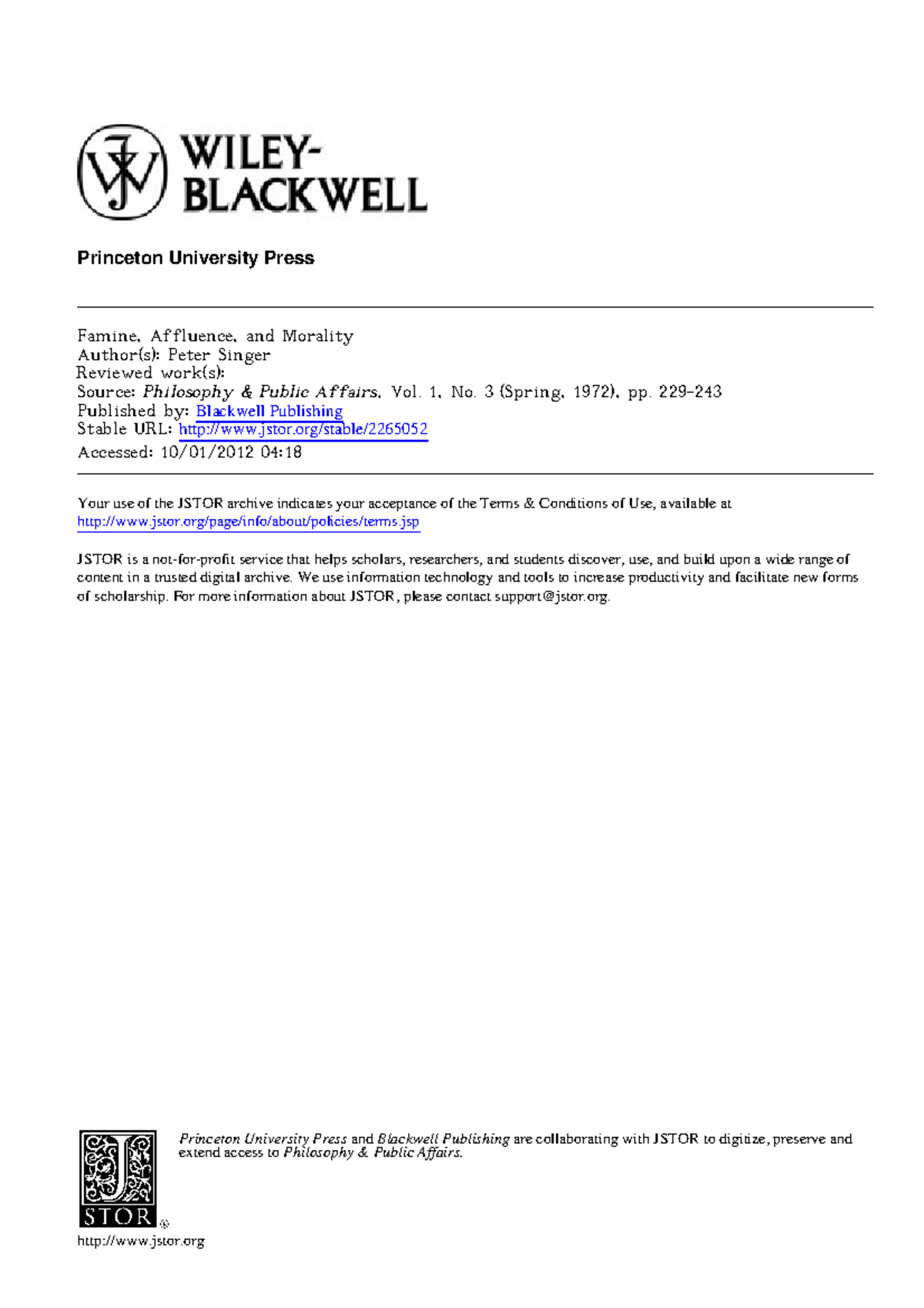 Philosophical Perspectives: Famine, Affluence, and Morality Lecture ...