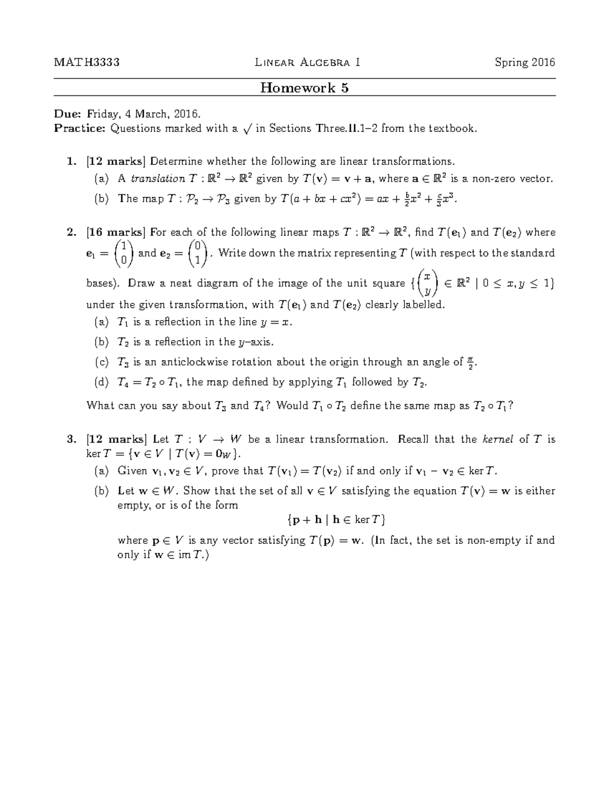 Math 3333 2016 homework 5 - Linear Algebra I Spring 2016 Homework 5 Due ...
