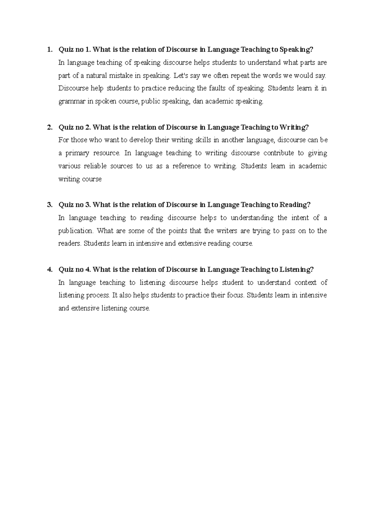 Discourse - Practice - Quiz no 1. What is the relation of Discourse in ...