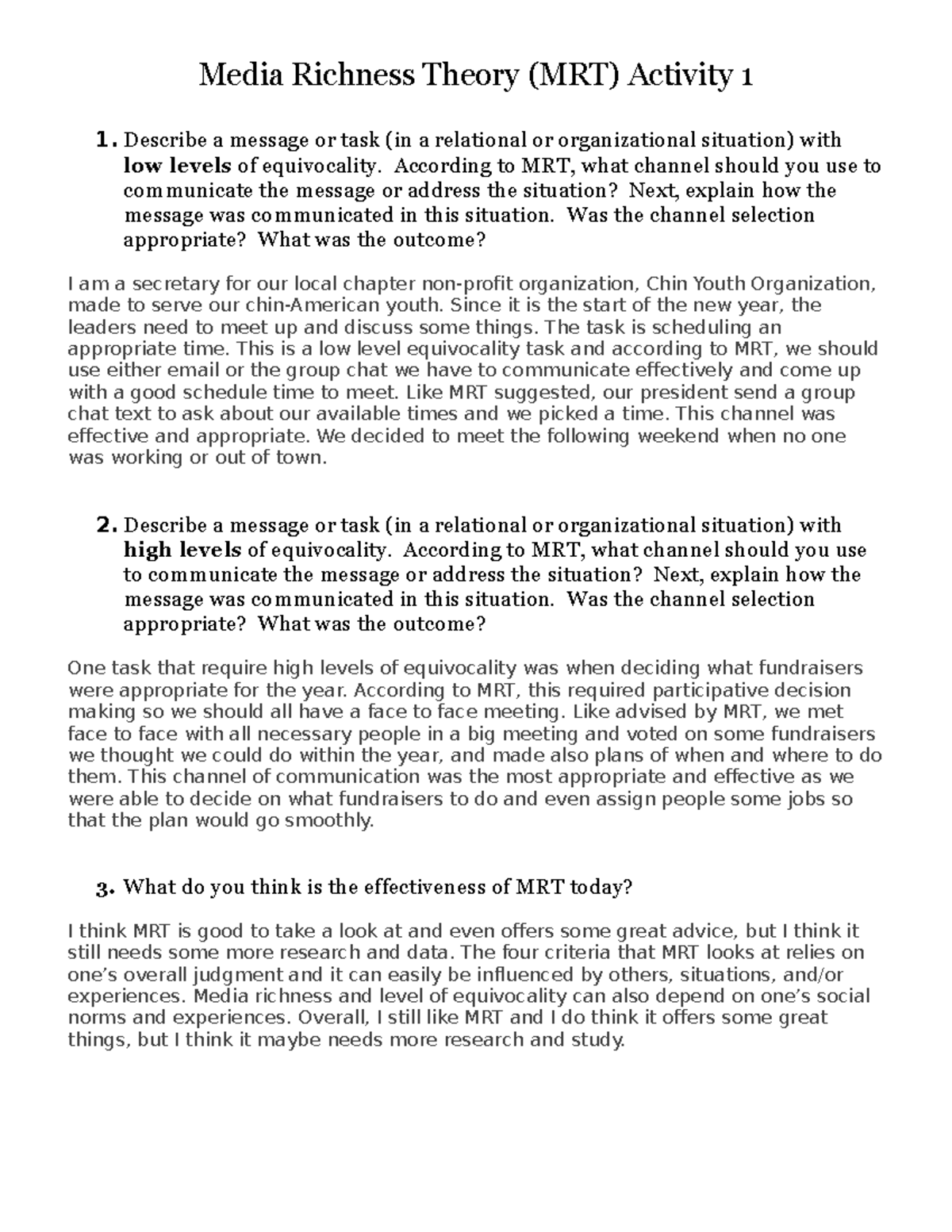 Chapter 14-Activity 1 (MRT I) - Media Richness Theory (MRT) Activity 1 ...
