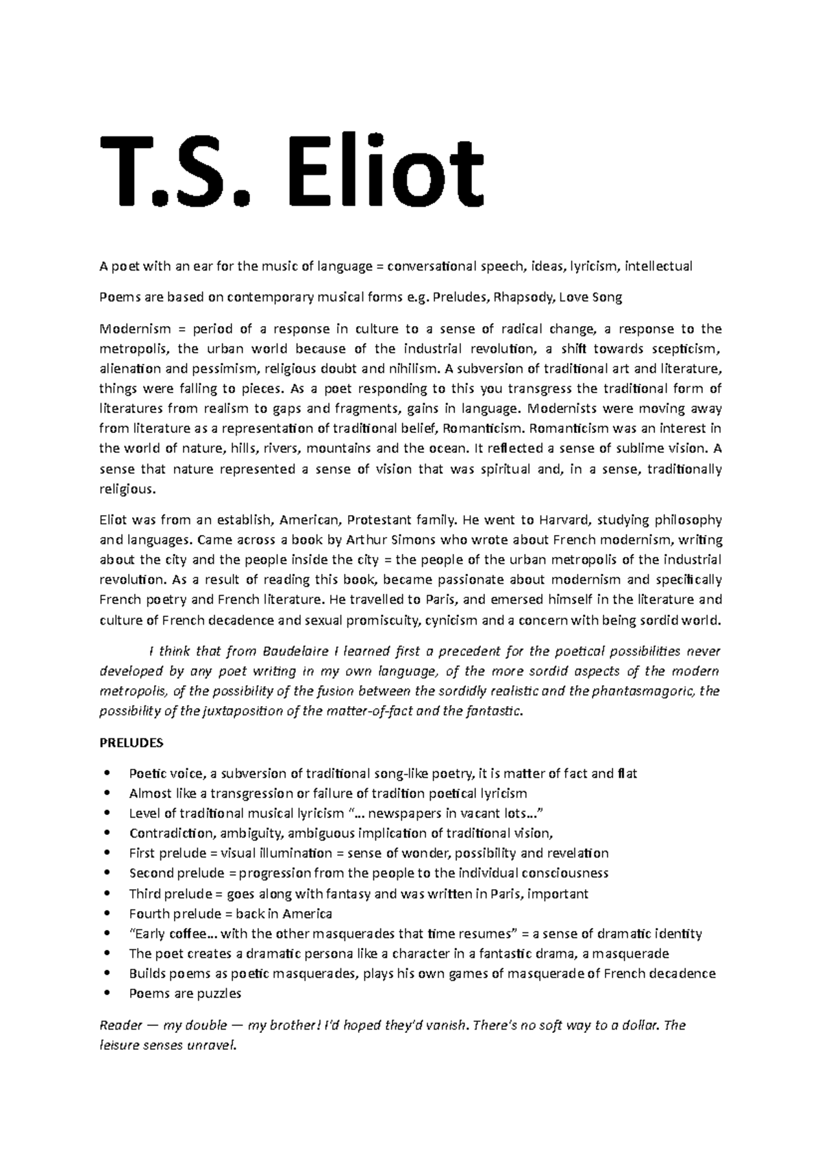 T.S. Eliot - Detailed Notes from Uni Lecturer - T. Eliot A poet with an ...