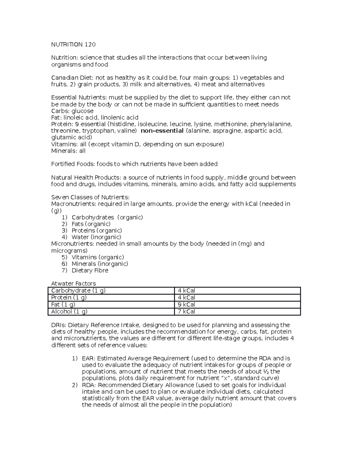 Nutrition 120 - Summary - NUTRITION 120 Nutrition: science that studies ...