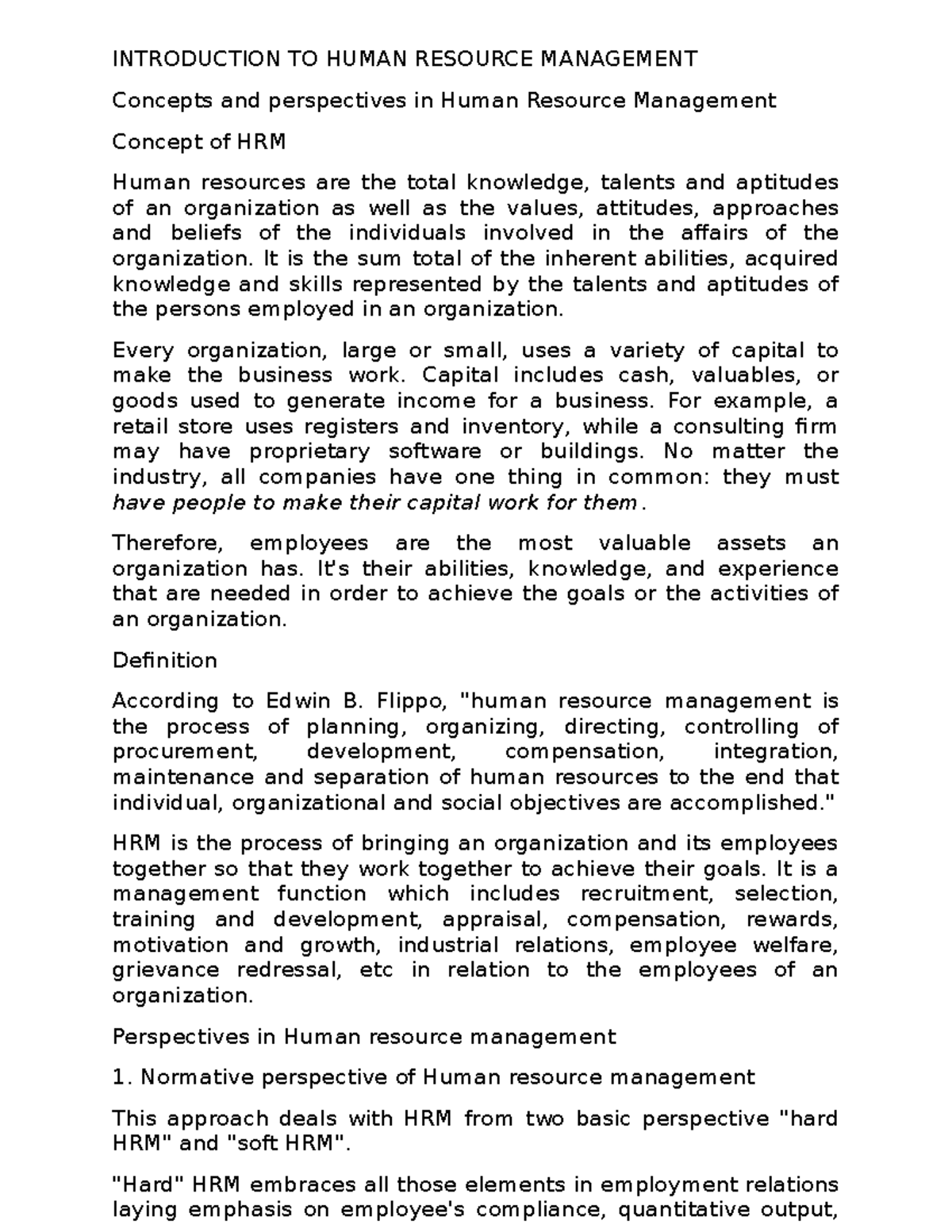 Human resource management lecture - INTRODUCTION TO HUMAN RESOURCE ...