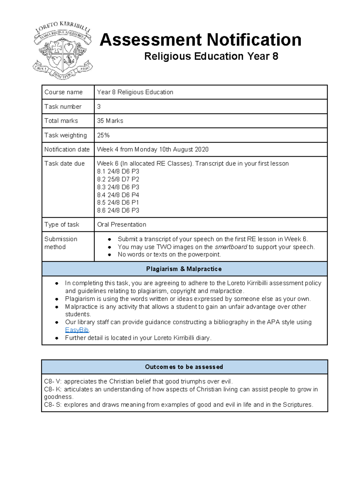 Assessment Notification Task 3 2020 - Assessment Notification Religious ...