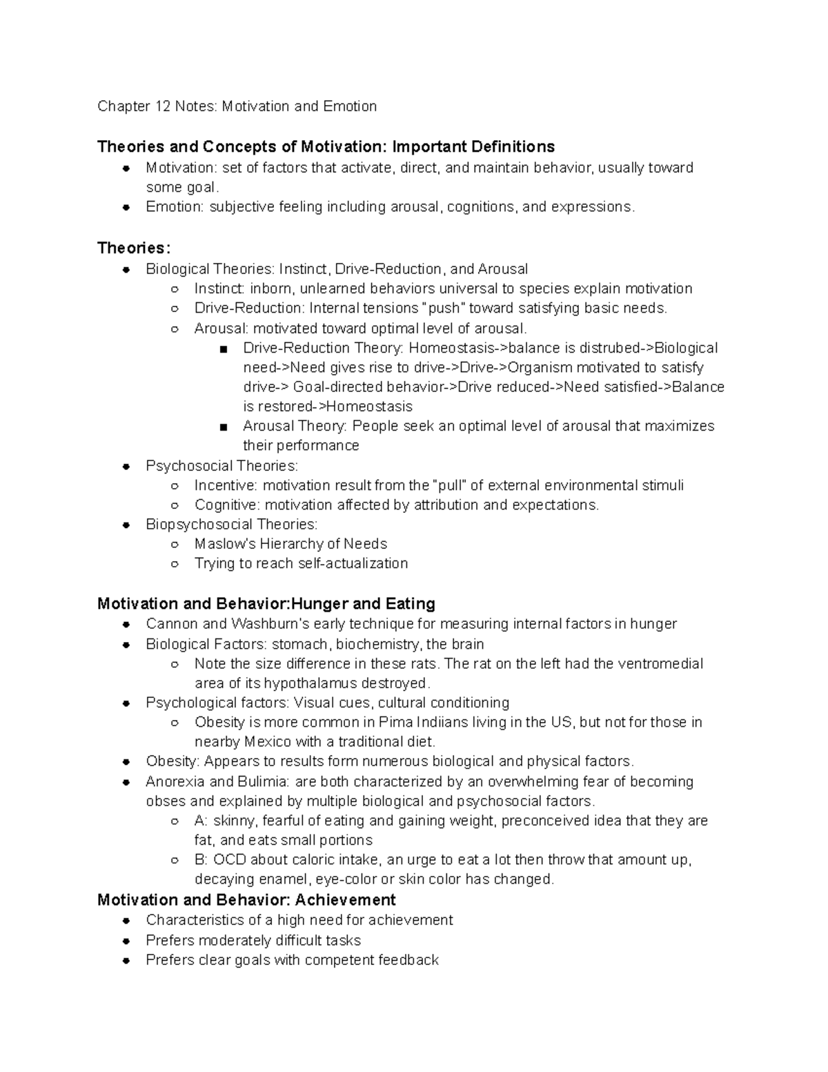 Chapter 12 Notes - Chapter 12 Notes: Motivation and Emotion Theories ...