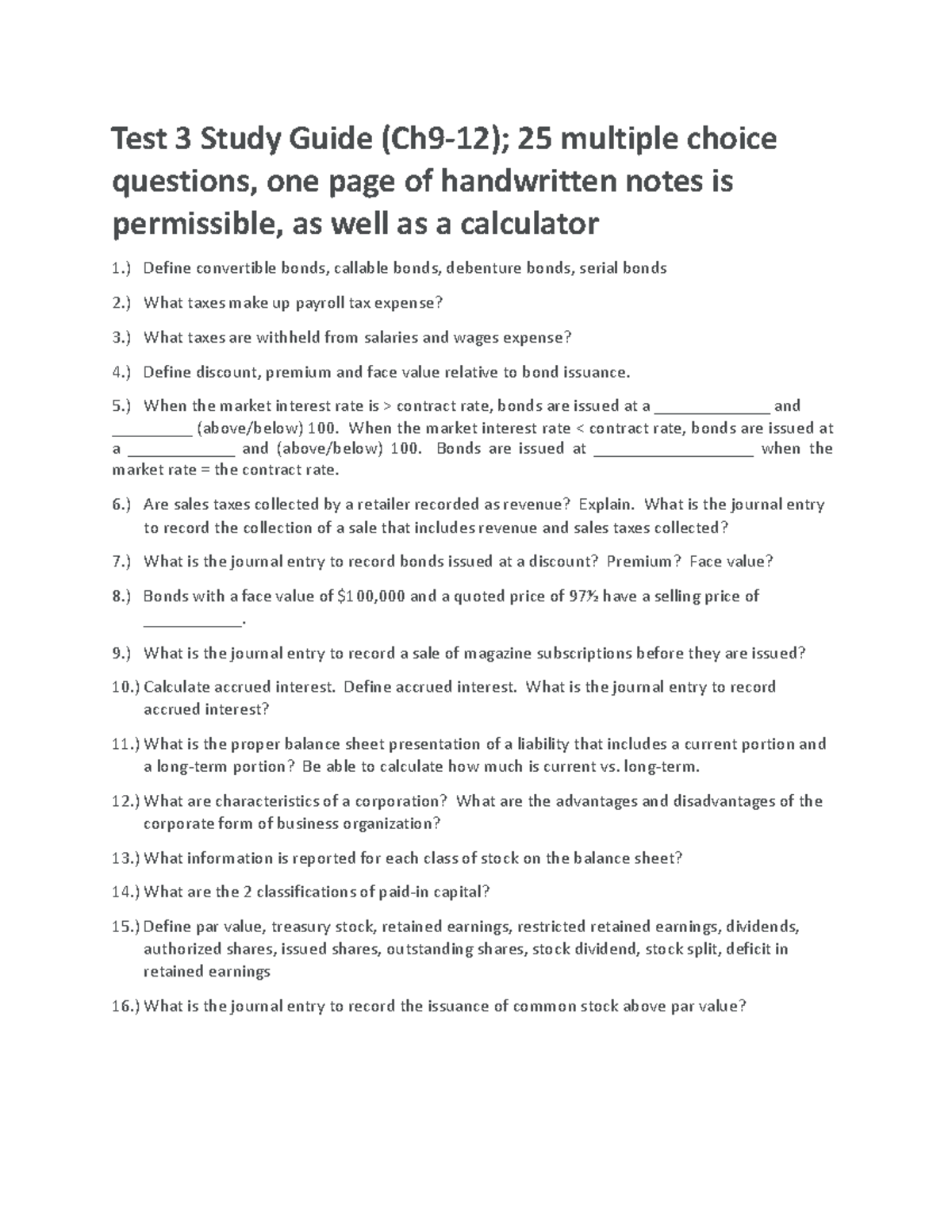 ACCT 2101 Test 3 Study Guide Ch9 12 - Test 3 Study Guide (Ch9-12); 25 ...
