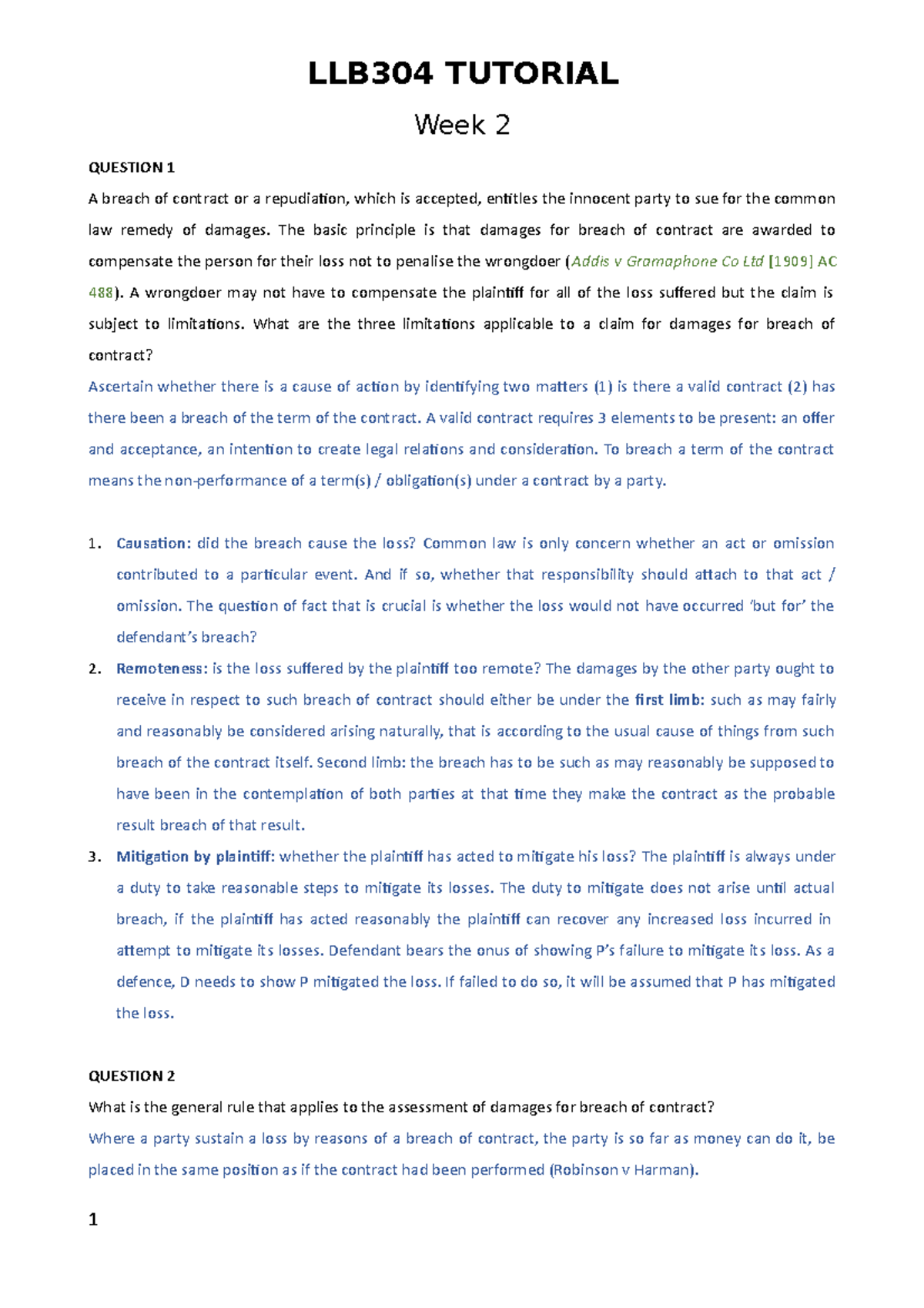 Weekly Tutorial - LLB304 - LLB304 TUTORIAL Week 2 QUESTION 1 A breach ...