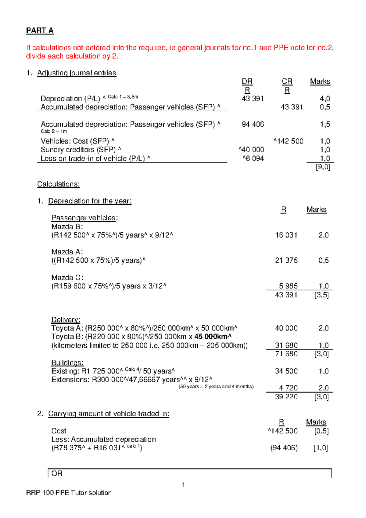 Tutorial - PPE solution - 1 PART A If calculations not entered into the ...