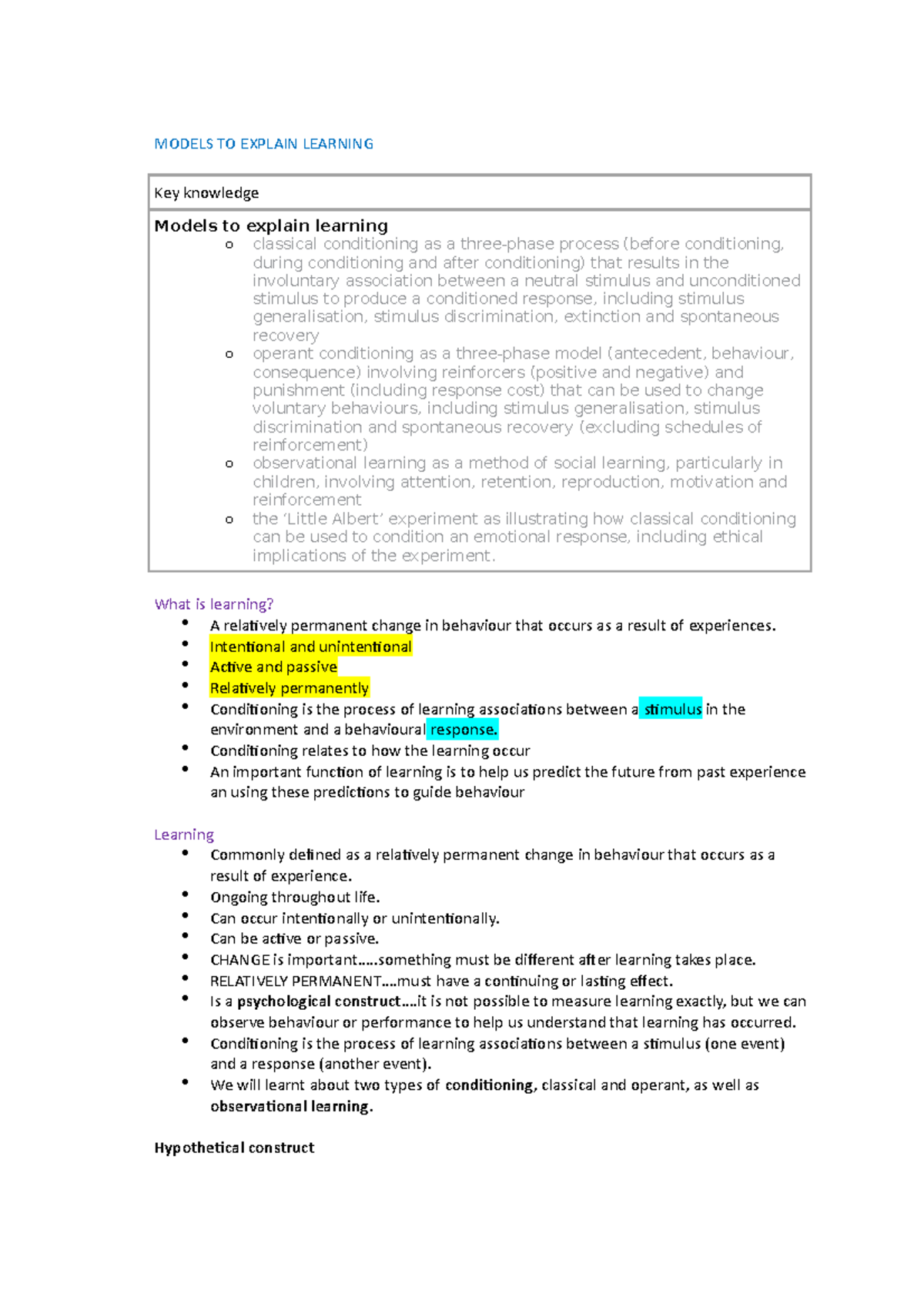Week 1 - Psych - Week 1 lecture notes - MODELS TO EXPLAIN LEARNING Key ...