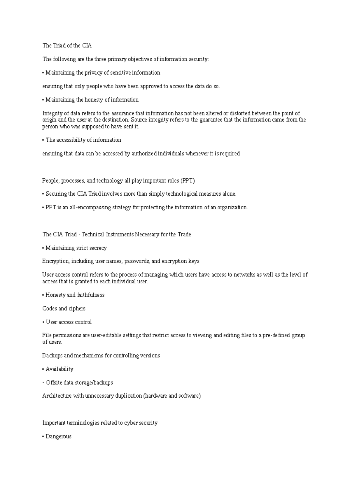 Lecture 1 Principles Cyber Security Module 3 - The Triad of the CIA The following are the three ...