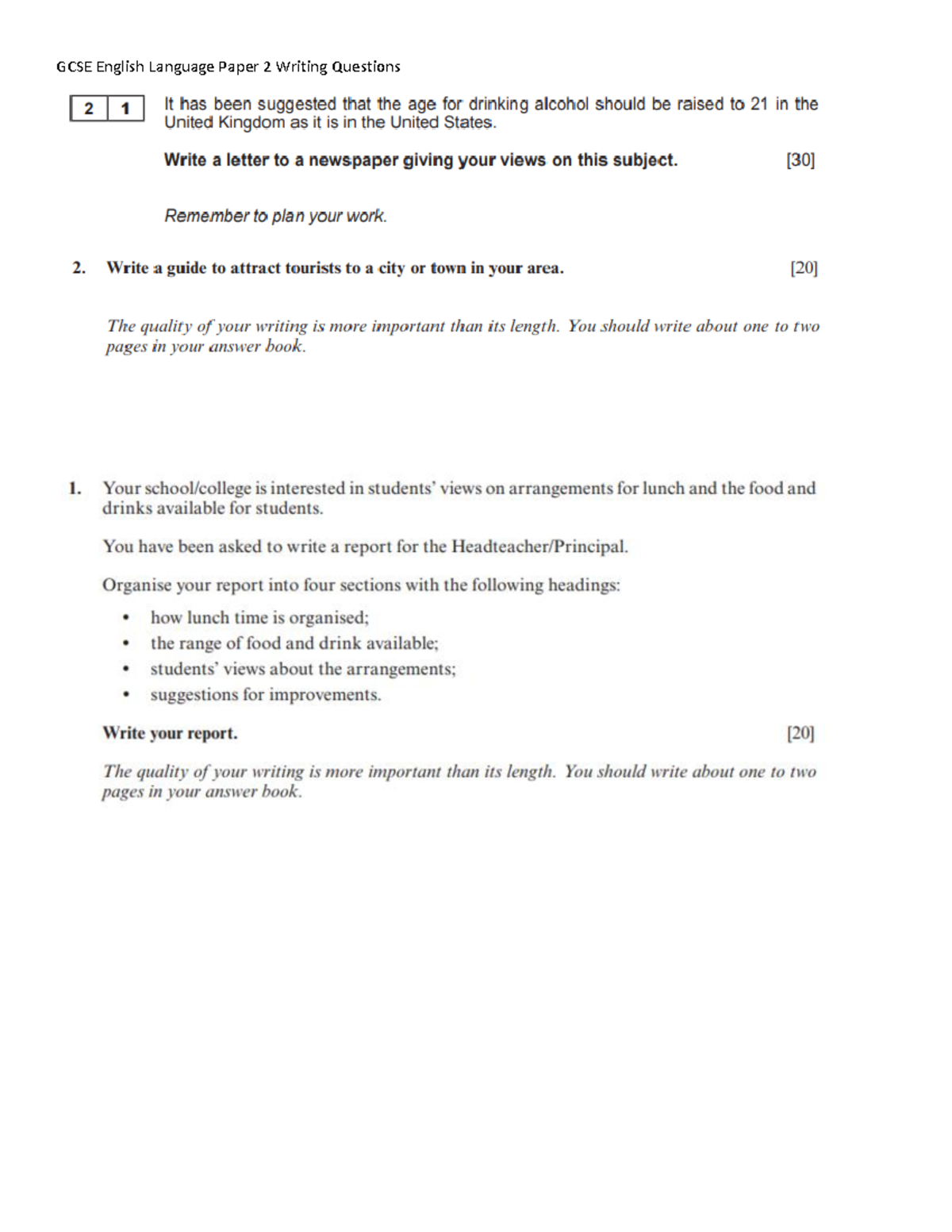 English Language Paper 2 Writing Questions - GCSE English Language ...